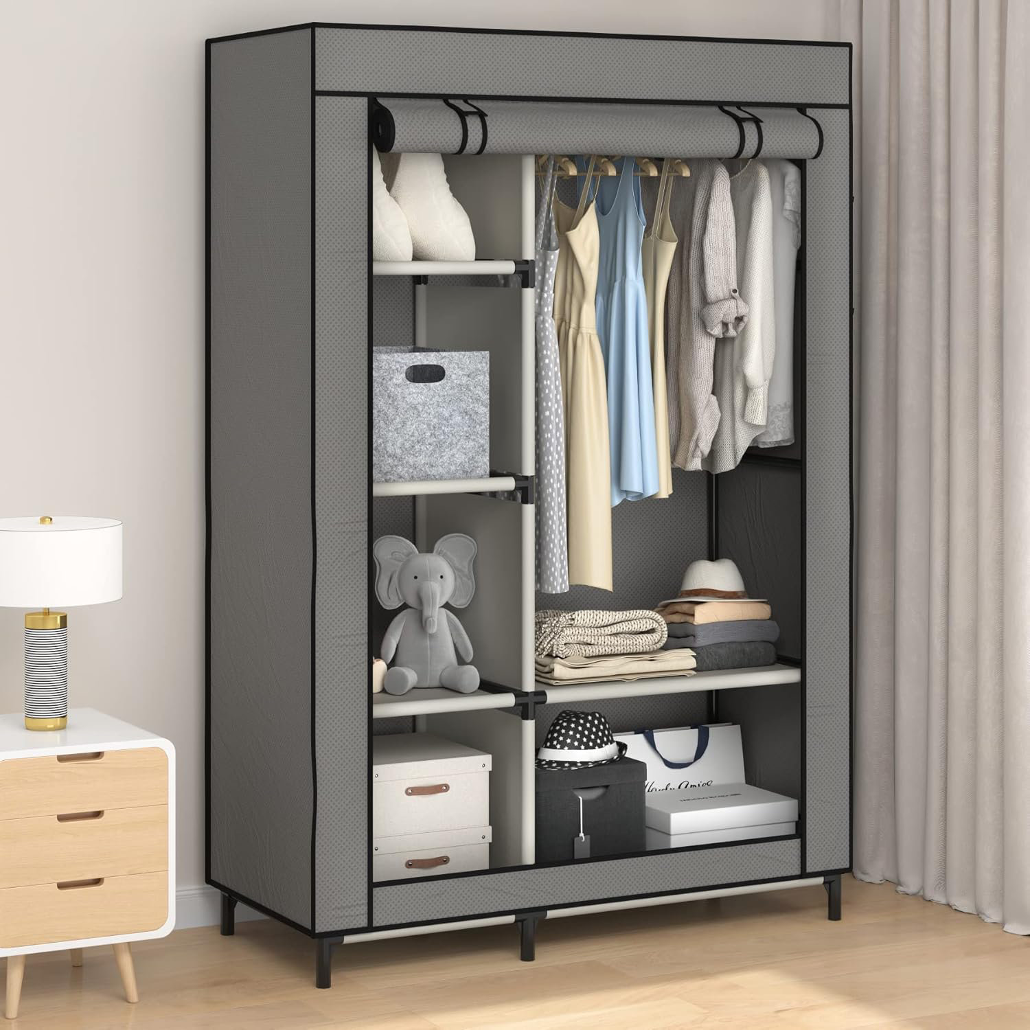 Rebrilliant Portable Closet Wardrobe Clothes Storage With 6 Shelves And ...