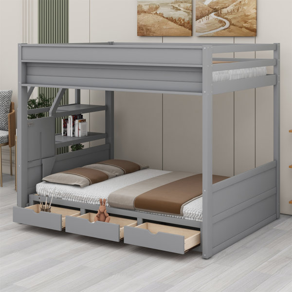 Harriet Bee Convertible Bunk Bed With Storage Staircase, Bedside Table ...