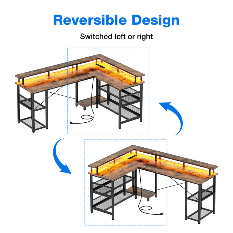 Inbox Zero Latarya 59''W L-Shaped Desk with Steel Storage Shelves ...