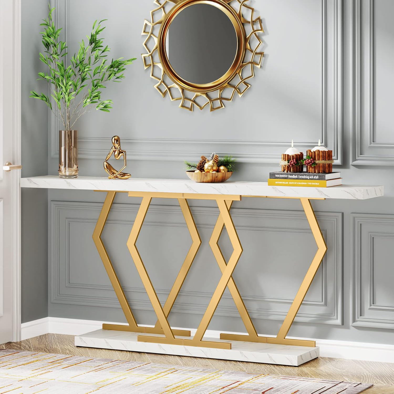 Mercer41 70.9 Inch Extra Long Sofa Table, White And Gold Console Table ...