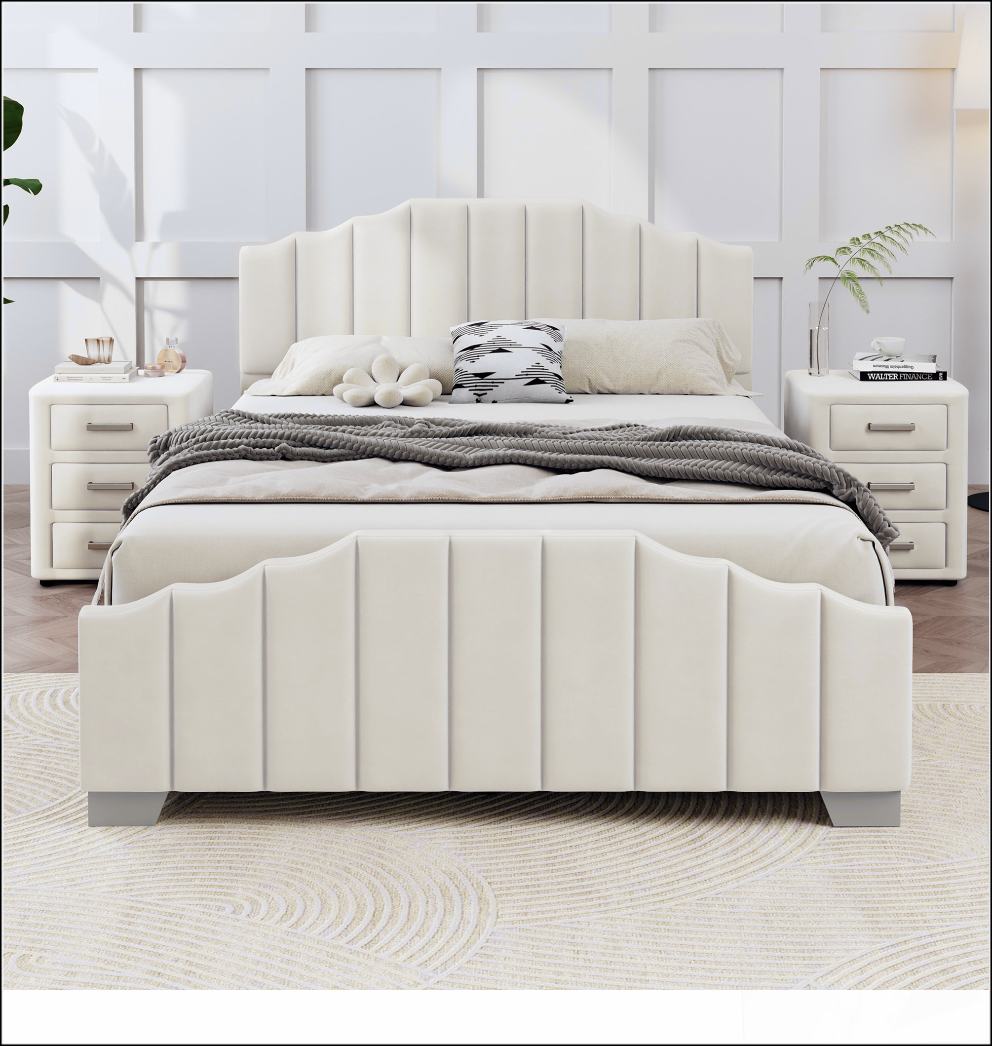 Mercer41 Queen Size Velvet Upholstered Platform Bed With Vertical ...