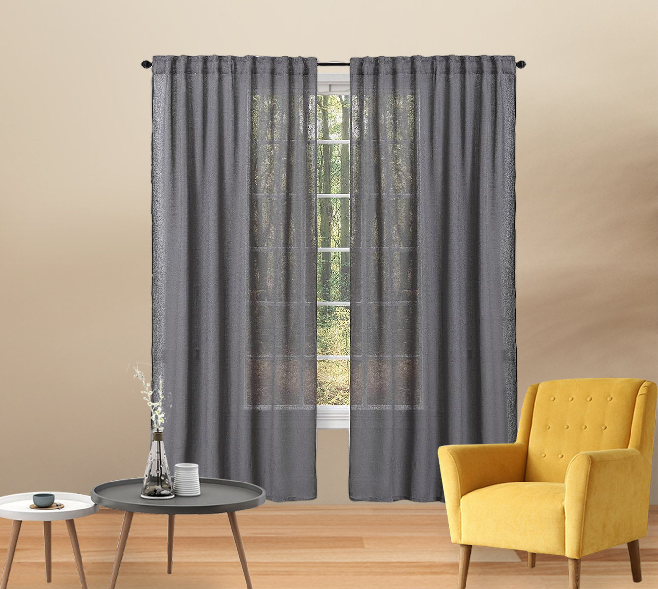 Eider & Ivory™ 2-Panel Faux Belgian Flax Textured Semi Sheer Curtains - For Windows Living Room ...
