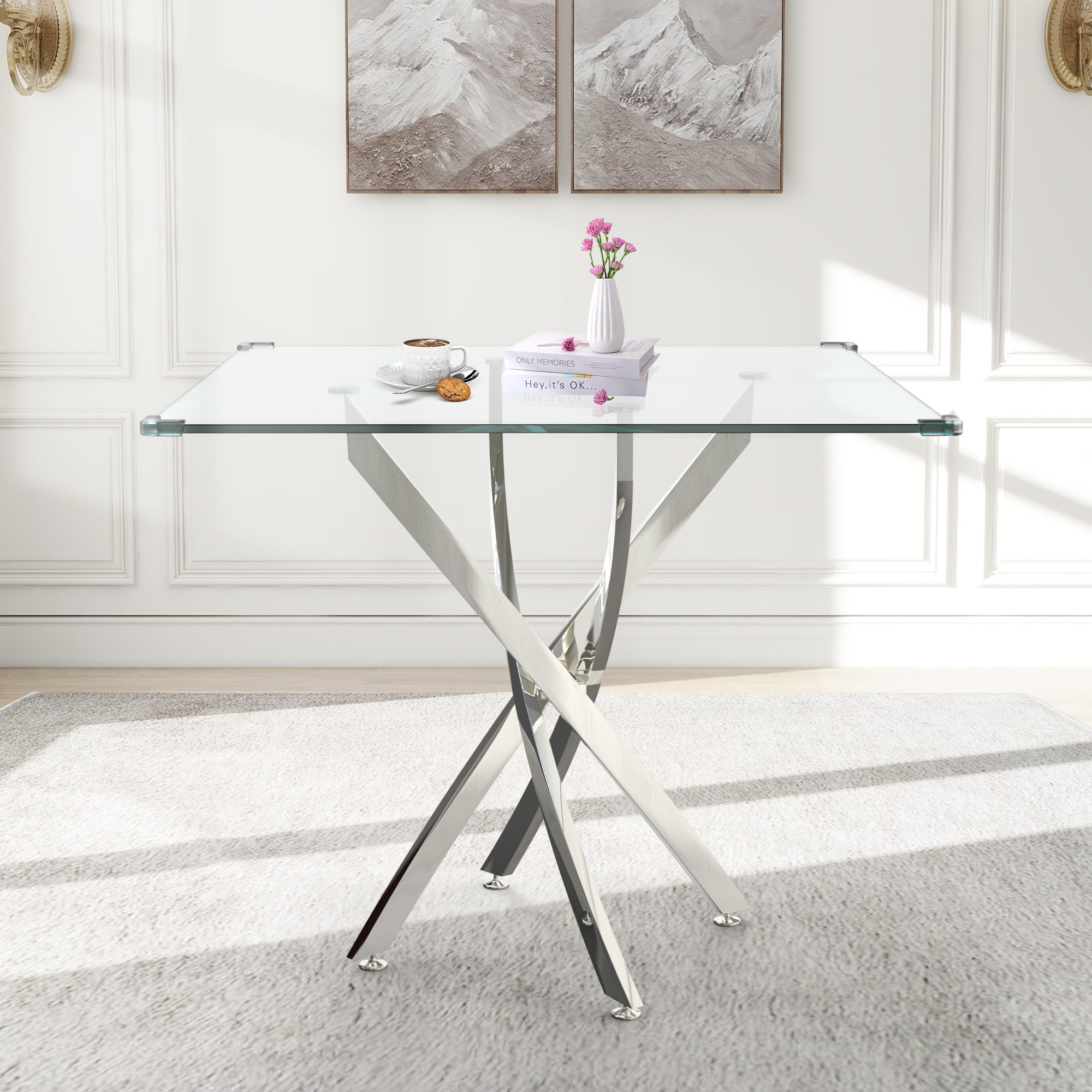 Wade Logan Atline Contemporary Square Clear Dining Tempered Glass Table ...
