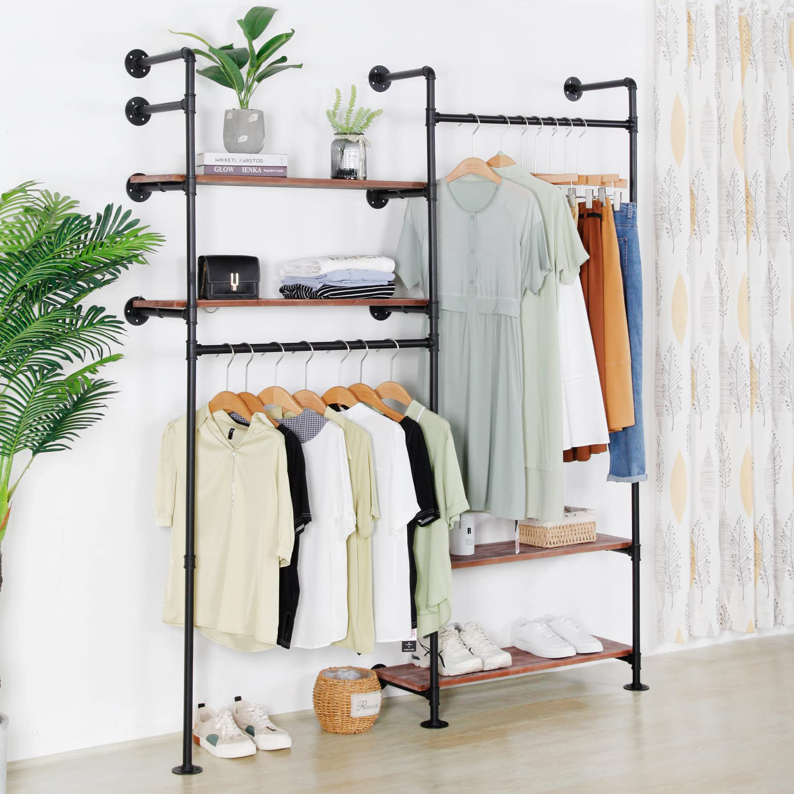 Wendes Kem Industrial Pipe Double Hanging Rods Clothing Rack, Black ...