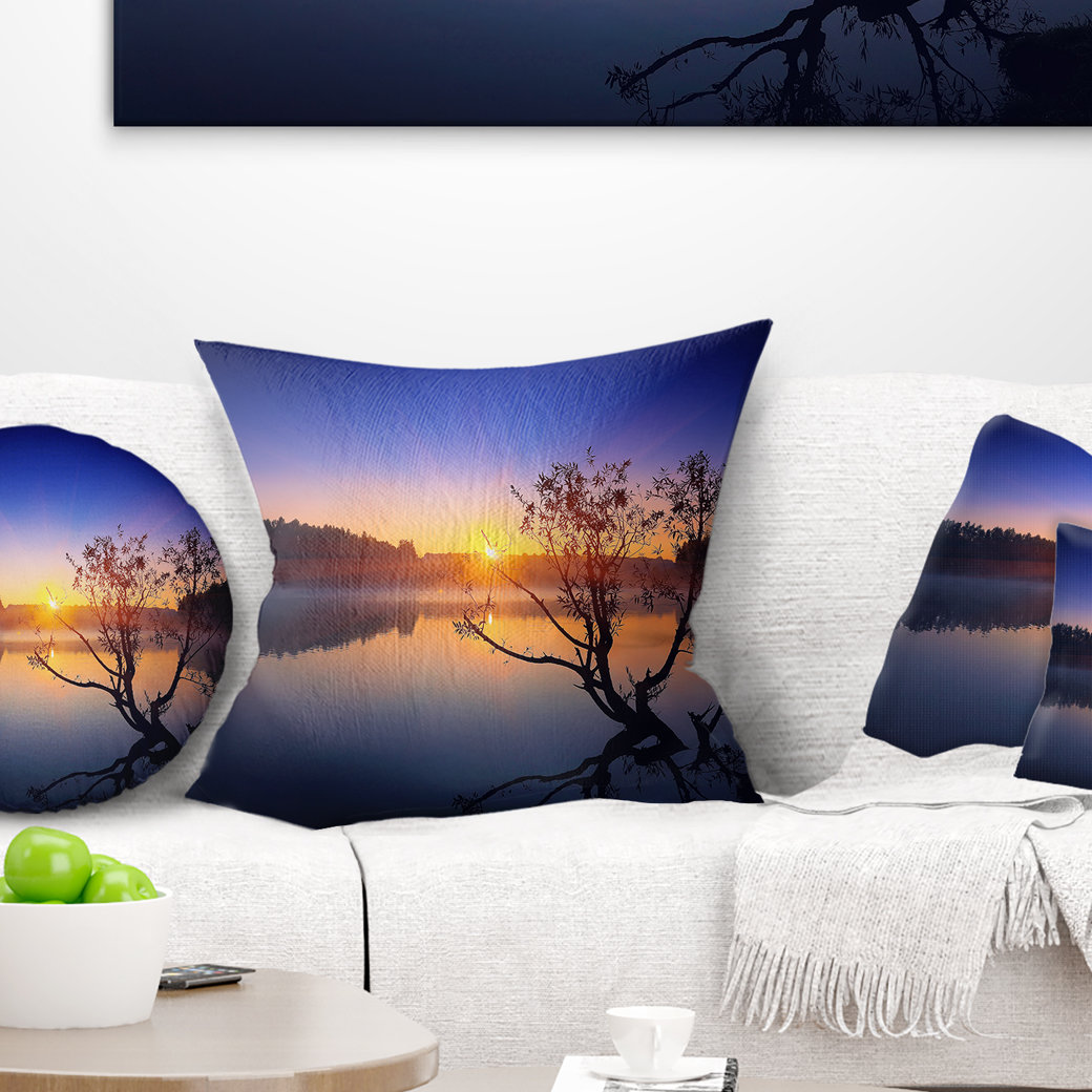 Design Art Lonely Tree in Pond in Blue - Landscape Printed Throw Pillow ...