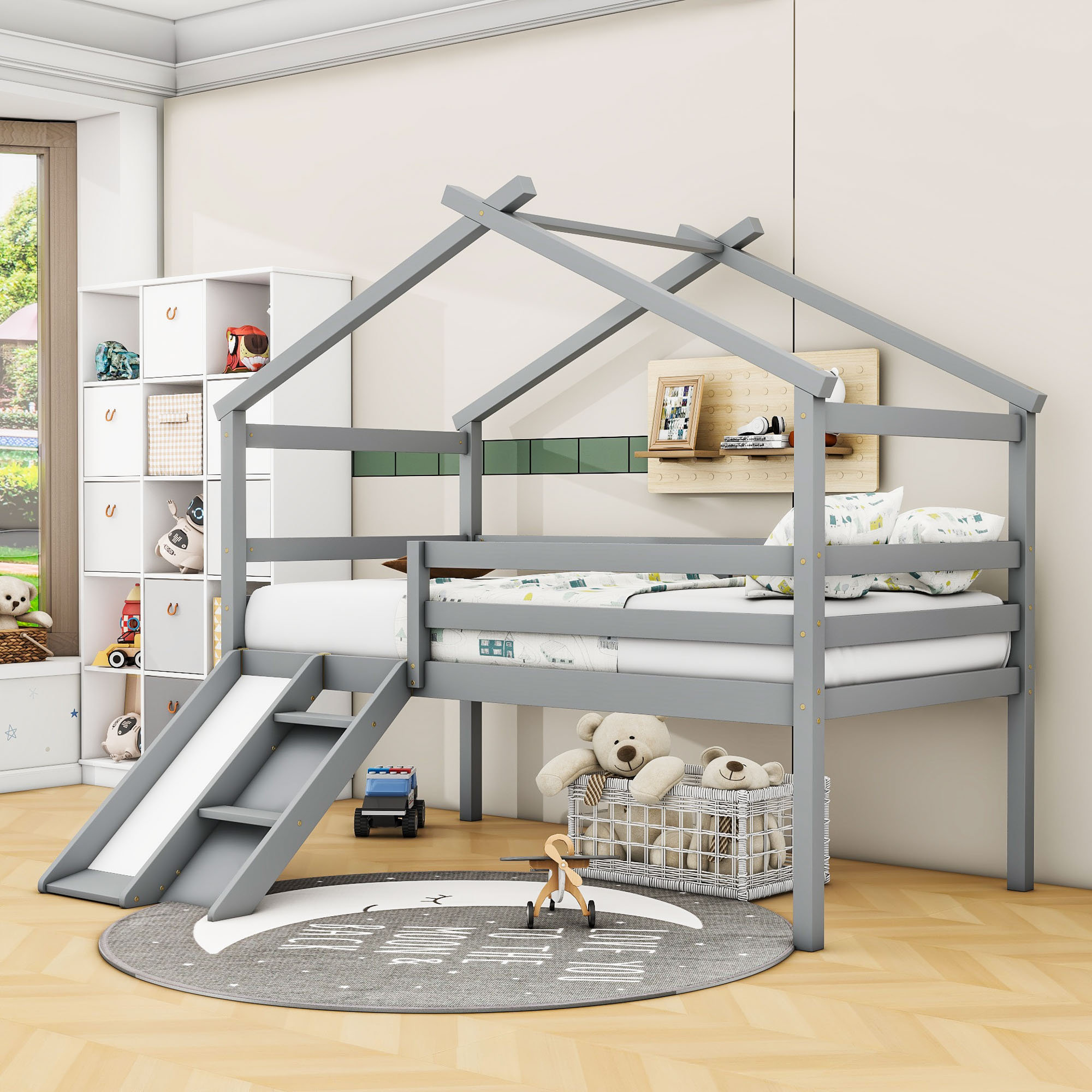 Harper Orchard Twin Loft Bed With Ladder, Slide, Guardrails And House ...