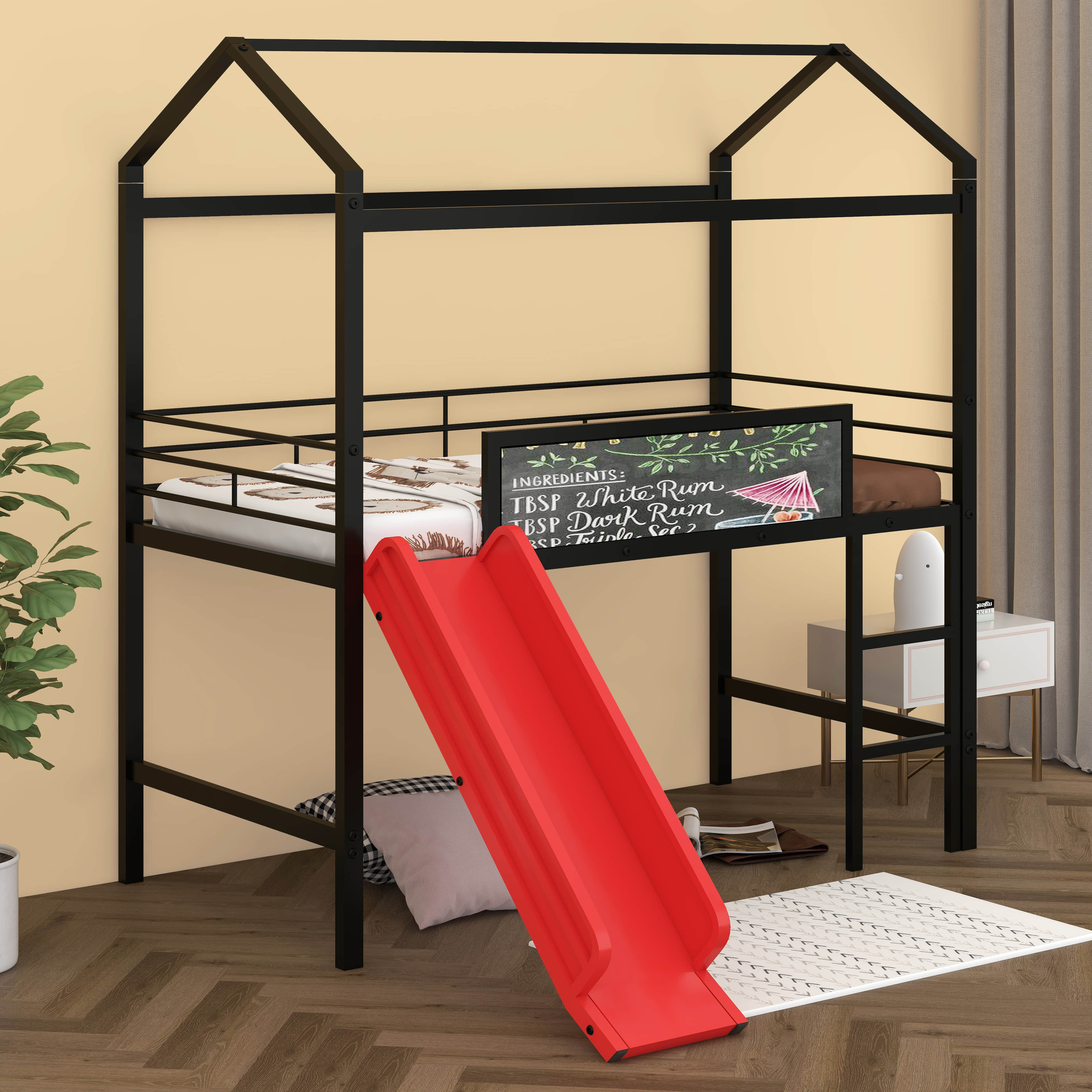 Harper Orchard Ahmeer Metal House Bed With Slide, Twin Size Metal Loft ...