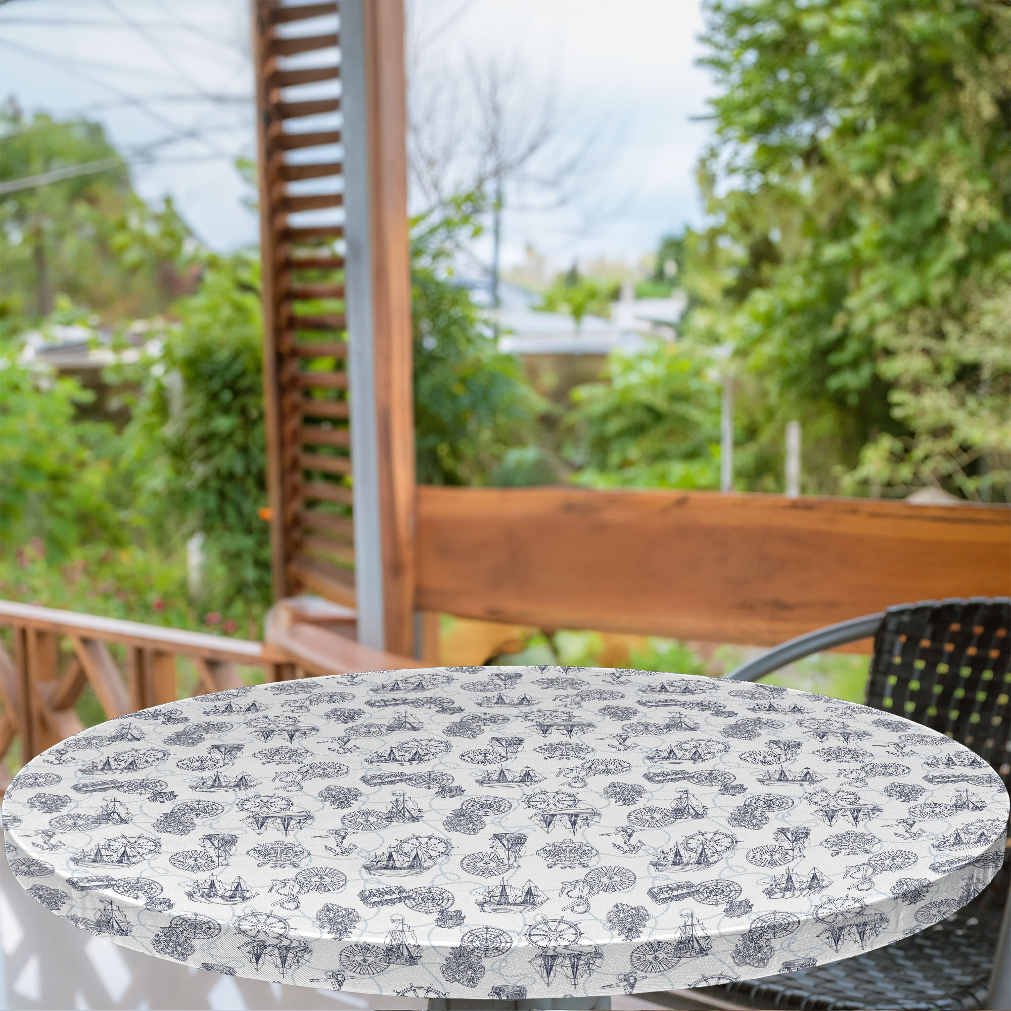 Bungalow Rose Compass Fitted Round Tablecloth Diameter Black Bluegrey ...