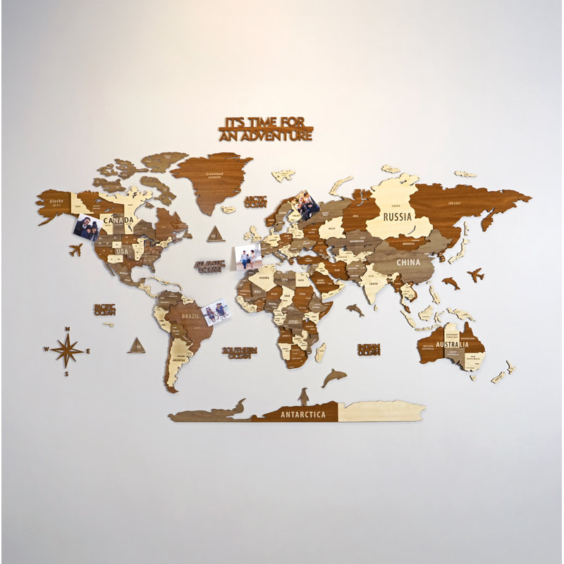 Union Rustic Wooden World Map Wall Art - 3D Wood Push Pin Maps ...