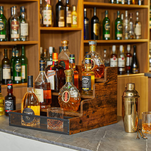 Millwood Pines 4 Step Countertop Liquor Bottle Display Shelf, Wood Bar ...