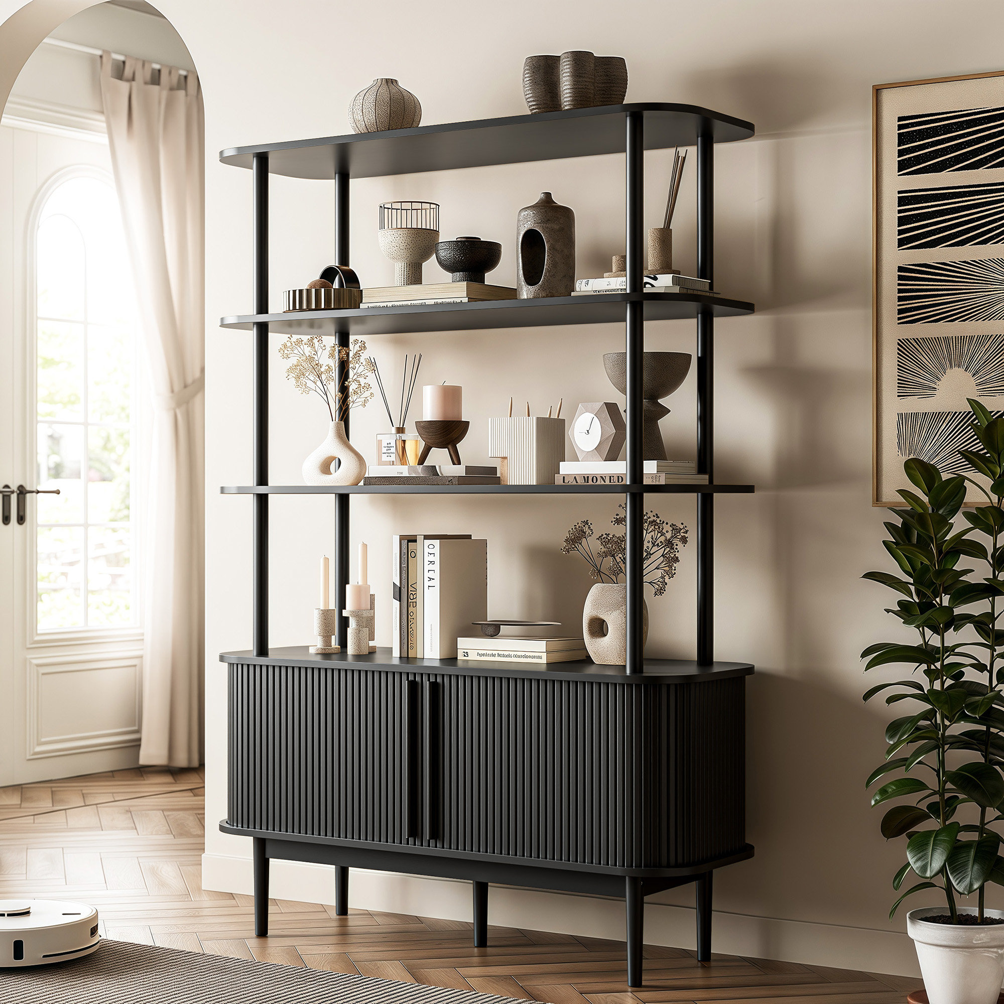 Latitude Run® Bookcase With Curved Storage Cabinet, 4-tier Bookshelf ...