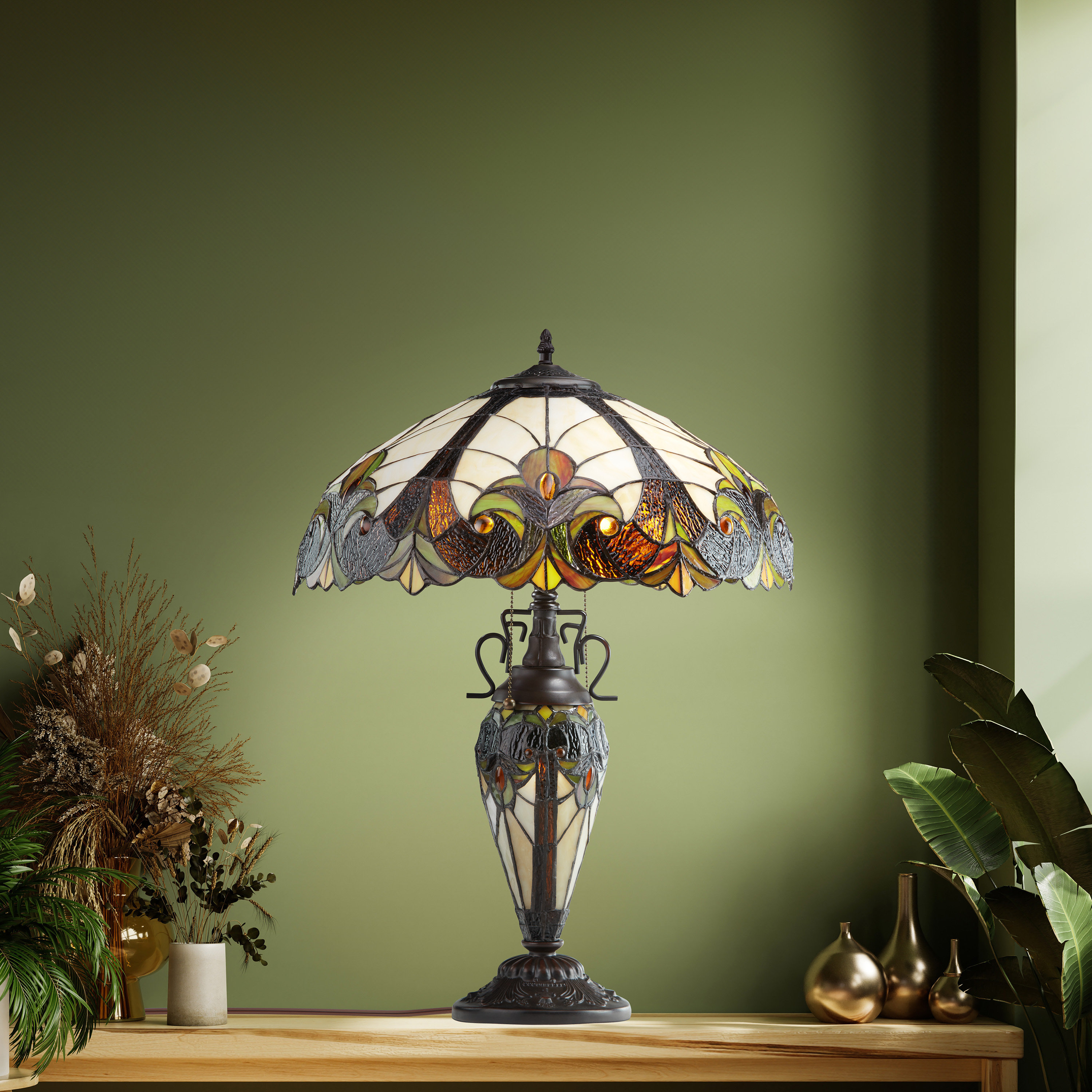 Fleur De Lis Living Lampe de table classique en vitrail ivoire à double ...