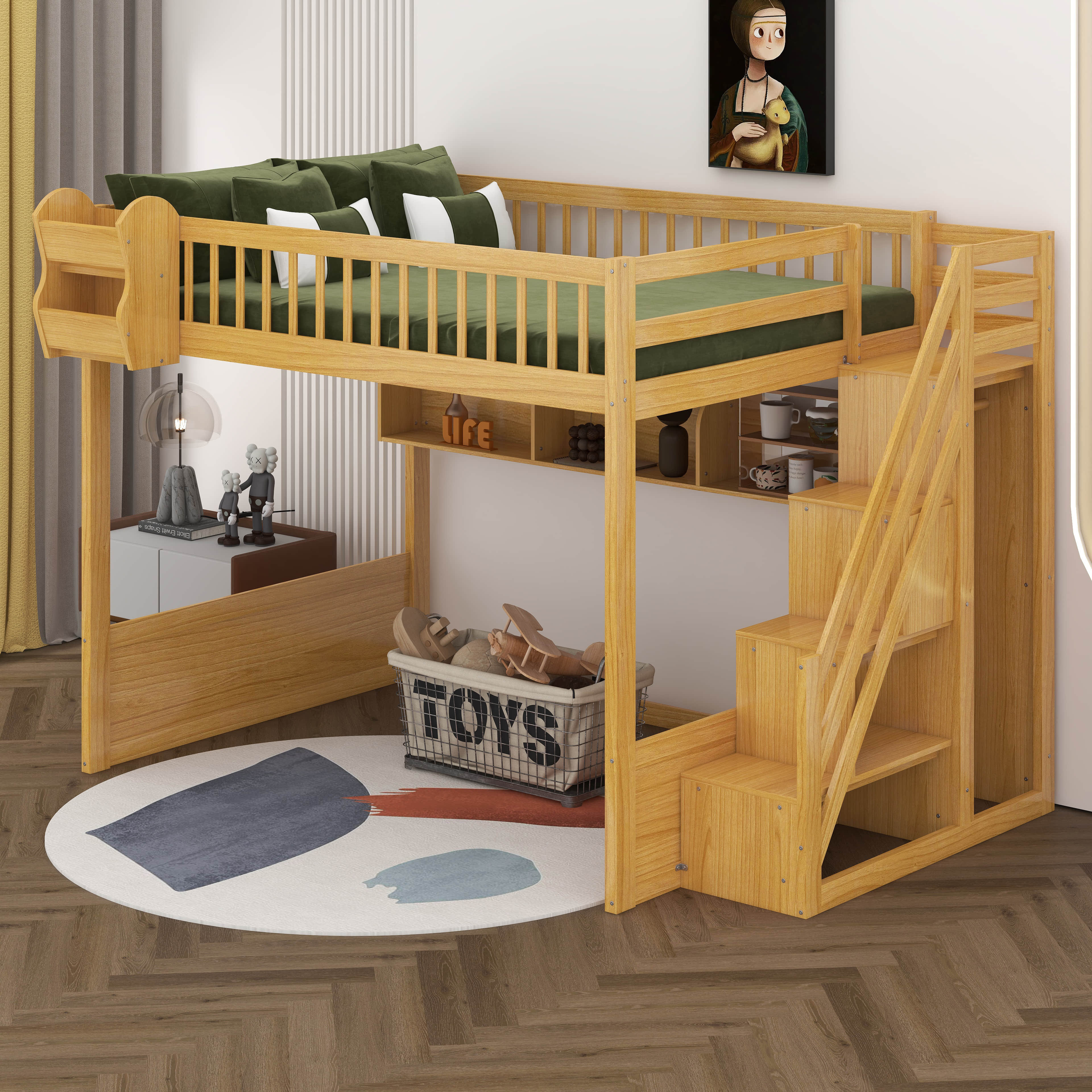 Latitude Run® Queen Size Wooden Loft Bed With Staircase And Wardrobe ...