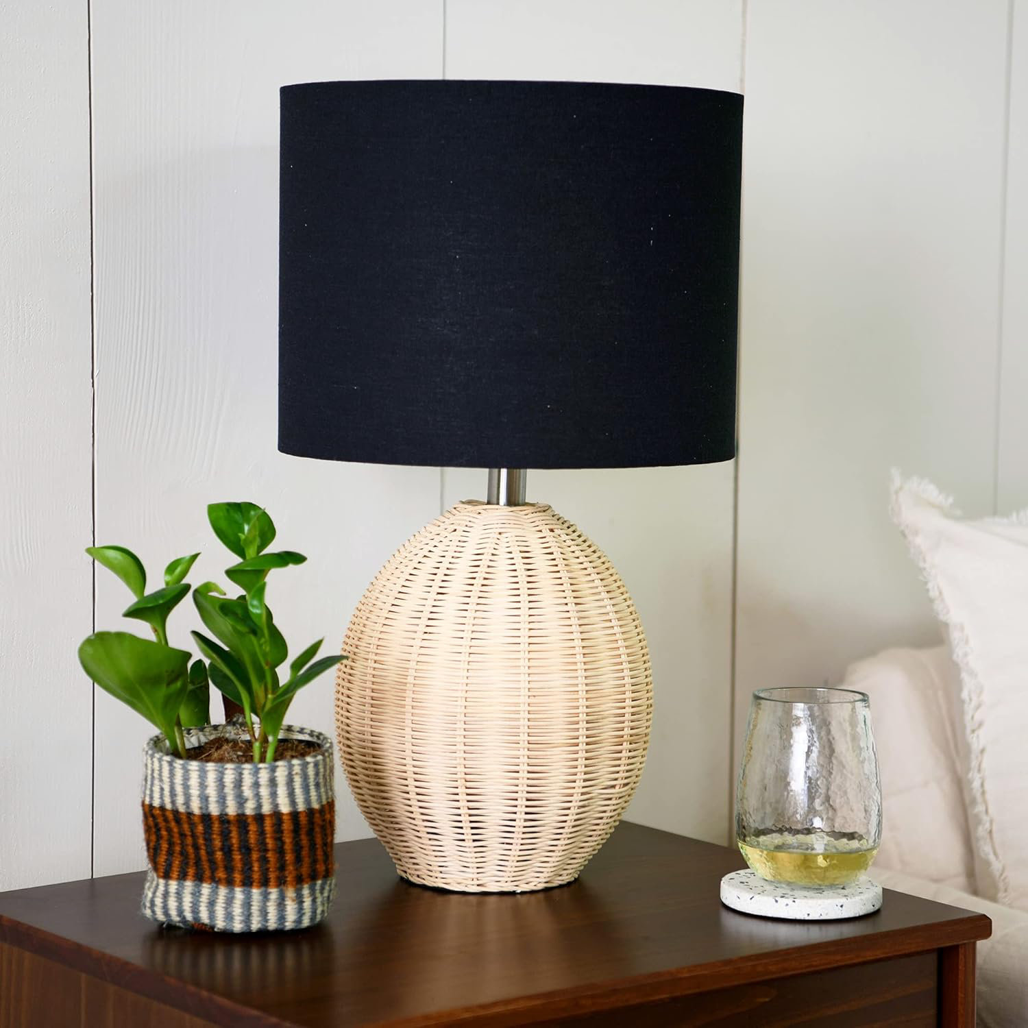 Bayou Breeze Boho Woven Rattan Table Lamp With Black Linen Shade ...