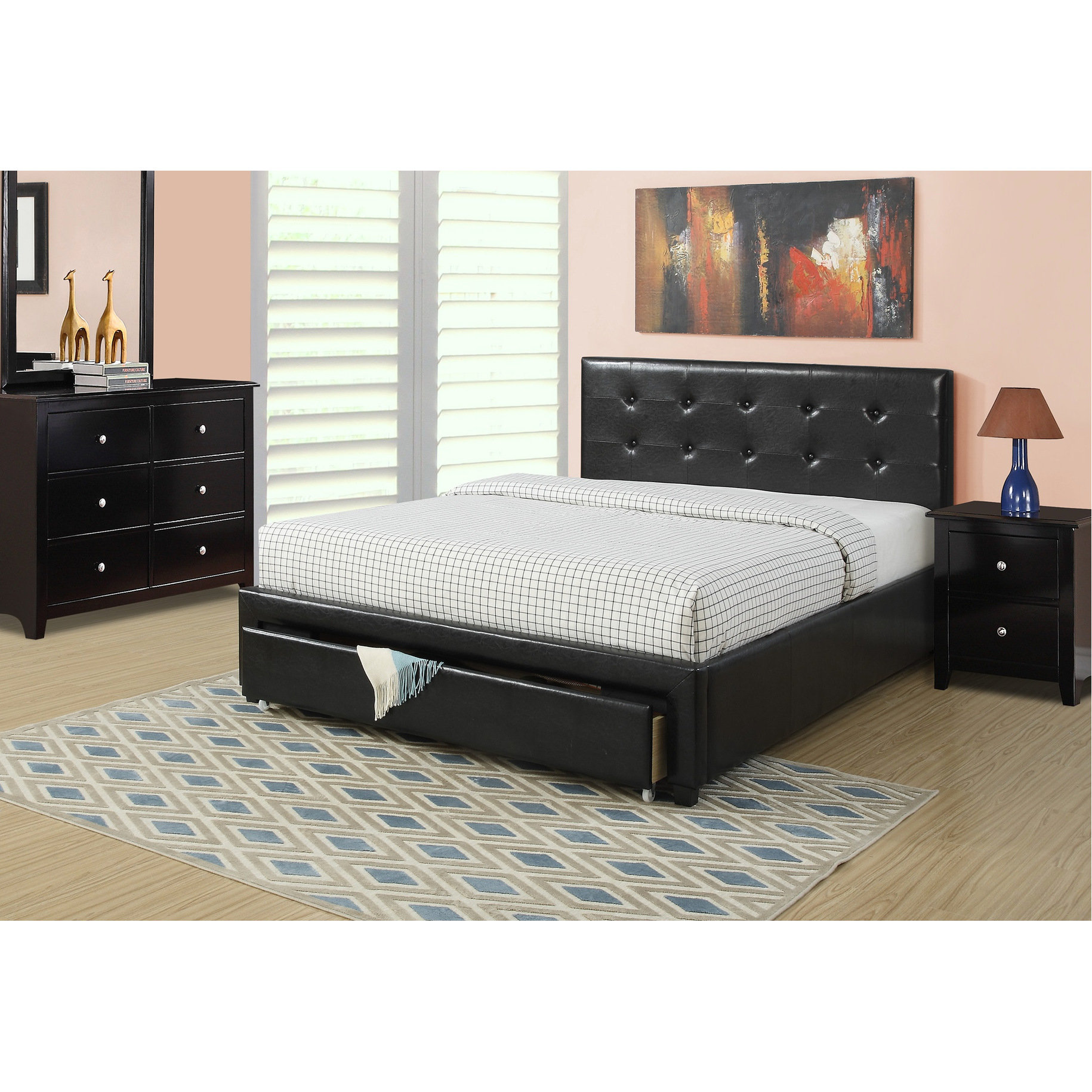 Latitude Run® Black Faux Leather Upholstered Queen Bed For Bedroom With ...