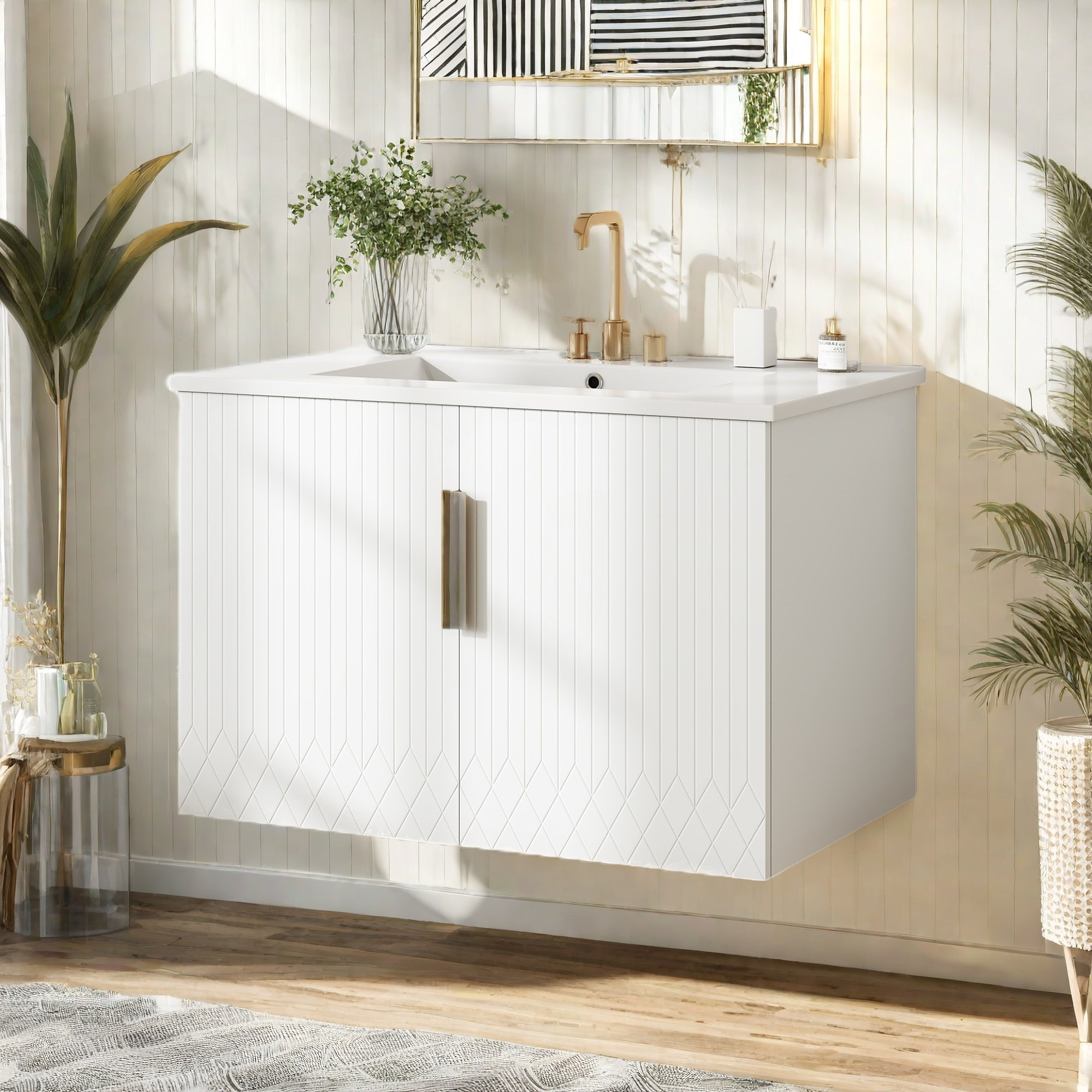Mercer41 Meuble-lavabo de salle de bain vintage 30 po avec lavabo en céramique, lavabo simple en ...