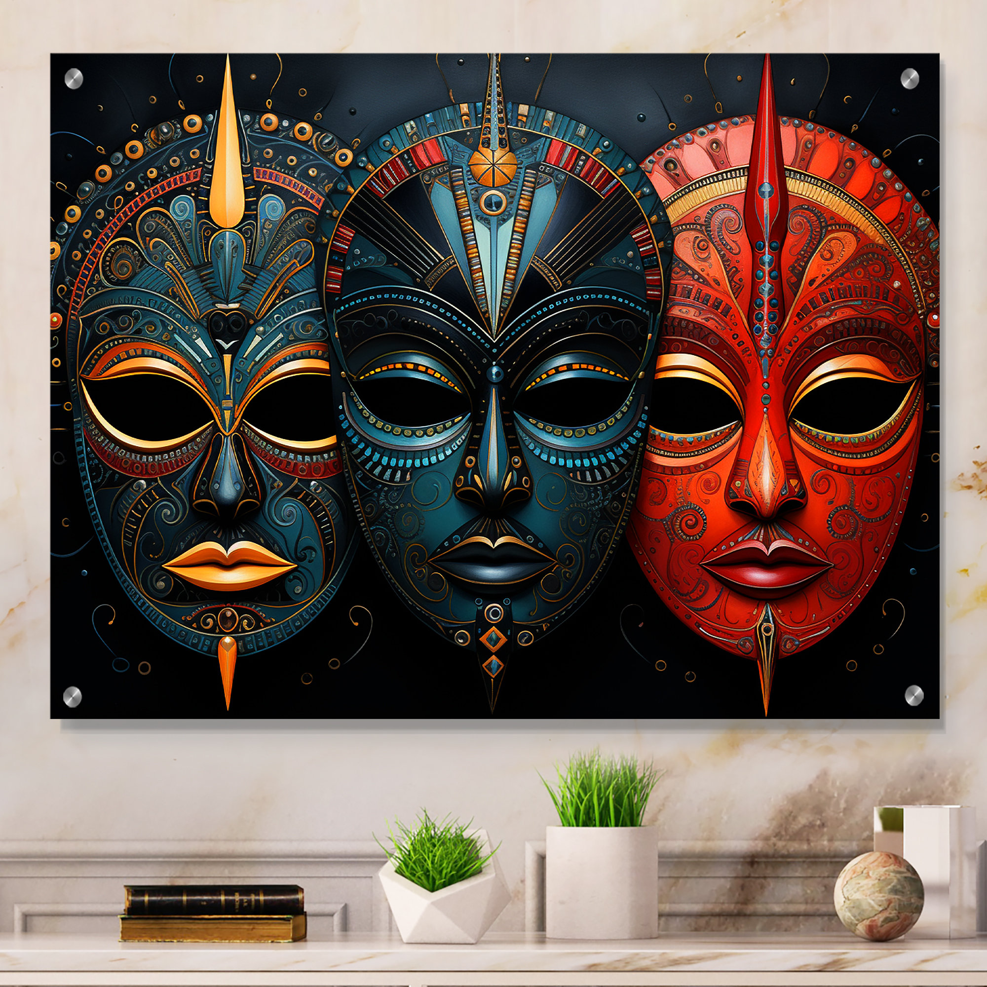 Design Art Red African Masks III - African Mask Acrylic Wall Art Decor ...