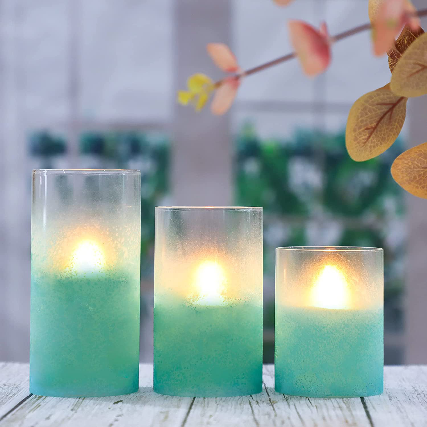 The Party Aisle™ 3 Pack Sandblast Design Green Glass Flameless Candles ...
