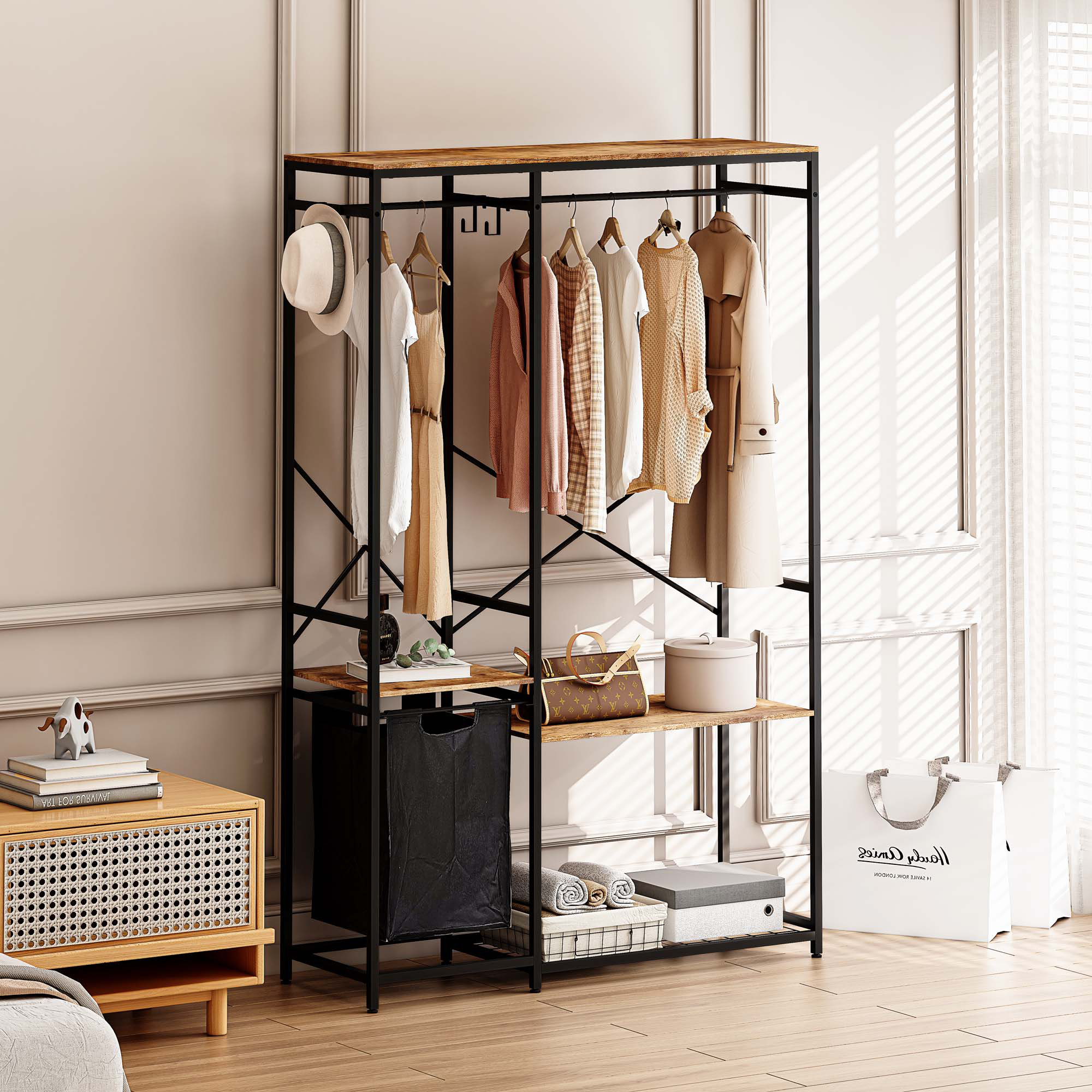 Rebrilliant Freestanding Wardrobe Clothes Rack With Bottom Mesh Storage ...