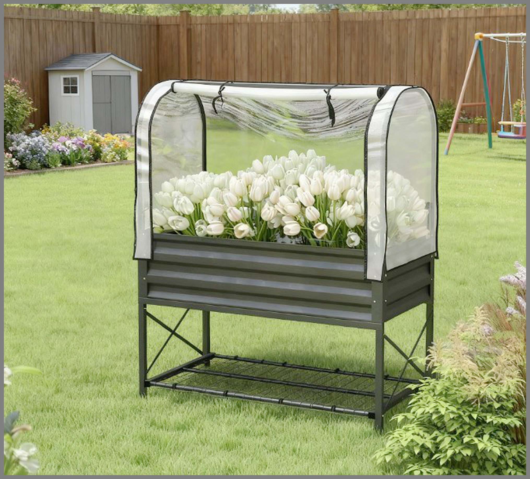 Gracie Oaks Metal Elevated Planter Box with Legs, Cover, and Bottom ...