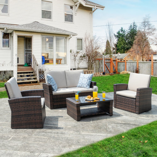 Lark Manor Amei 4 Piece Wicker Complete Patio Set with Cushions ...