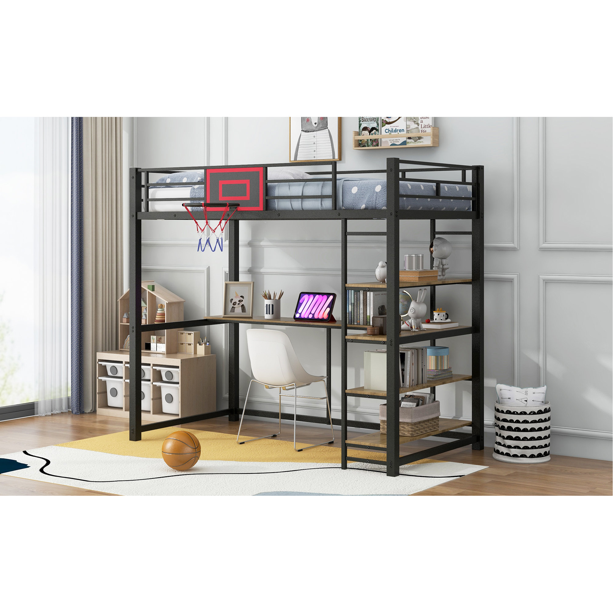 Mason & Marbles Metal Loft Bed With Shelves, Desk And Basketball Hoop ...