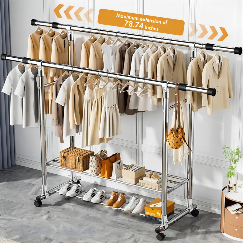 Rebrilliant Double-Bar Clothing Garment Rack with Wheels | Wayfair