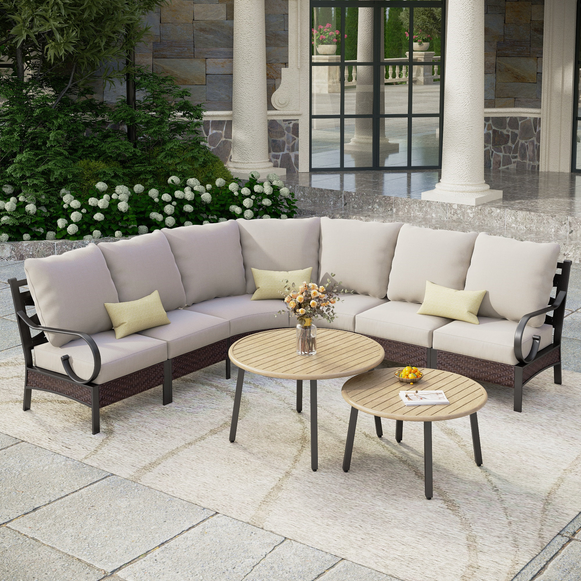 Alphamarts Outdoor Curved Patio Furniture Set - Brown Wicker, Gray ...