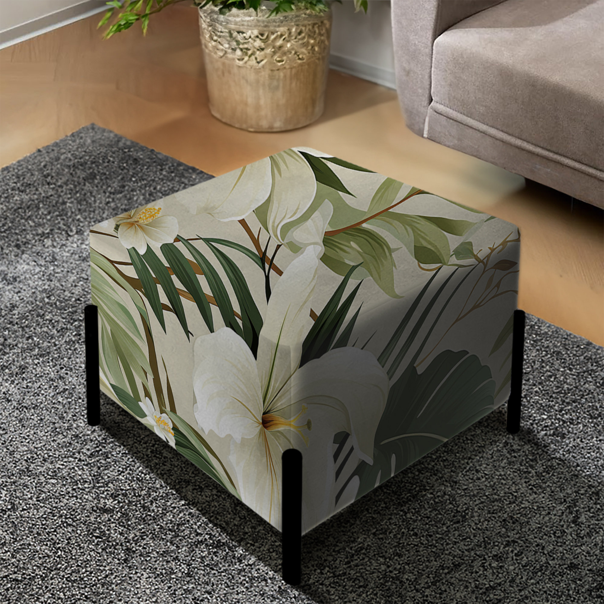 Design Art Neutral Oasis Ii Tropical Pattern - Tropical Square Ottoman ...
