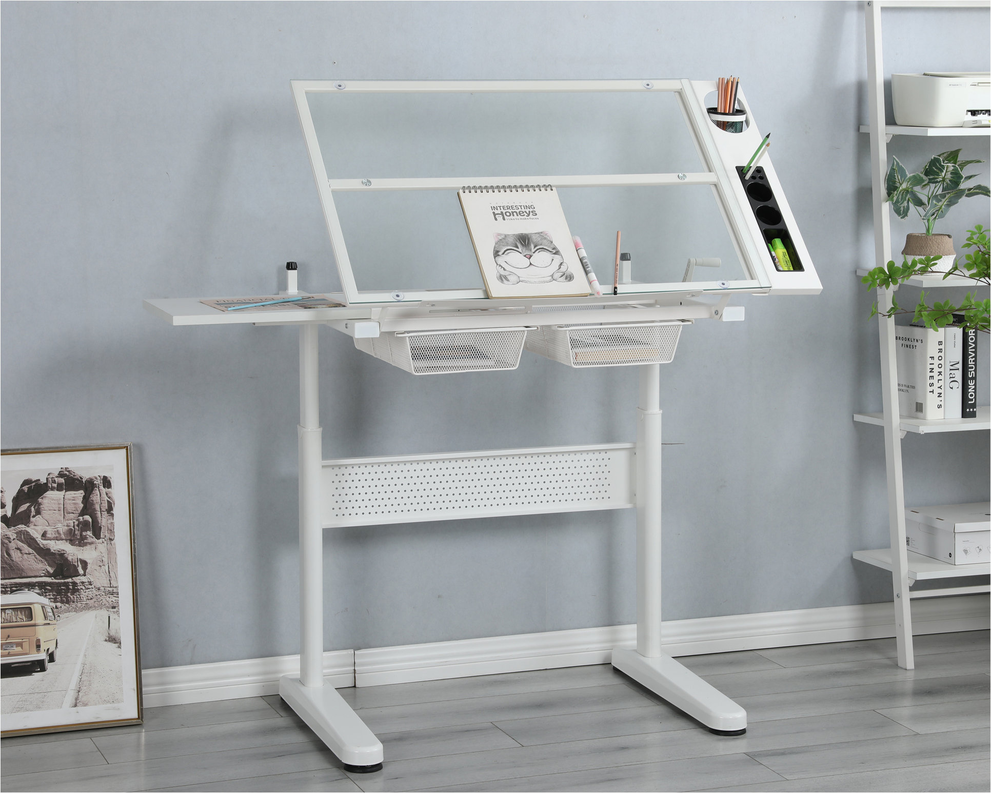 Latitude Run® Hand Crank Adjustable Drafting Table Drawing Desk With 2 ...
