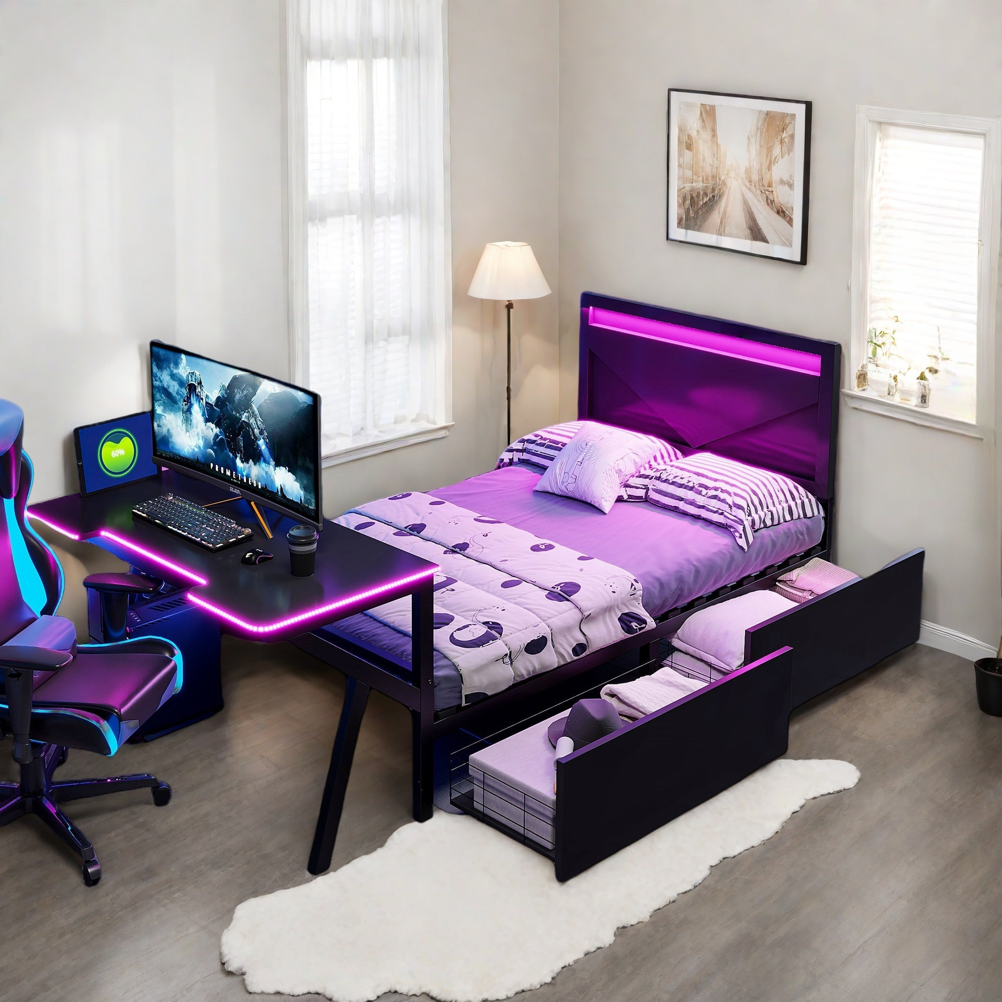 Ivy Bronx Metal Gaming Platform Bed With Led Headboard, Led Desk, Usb ...