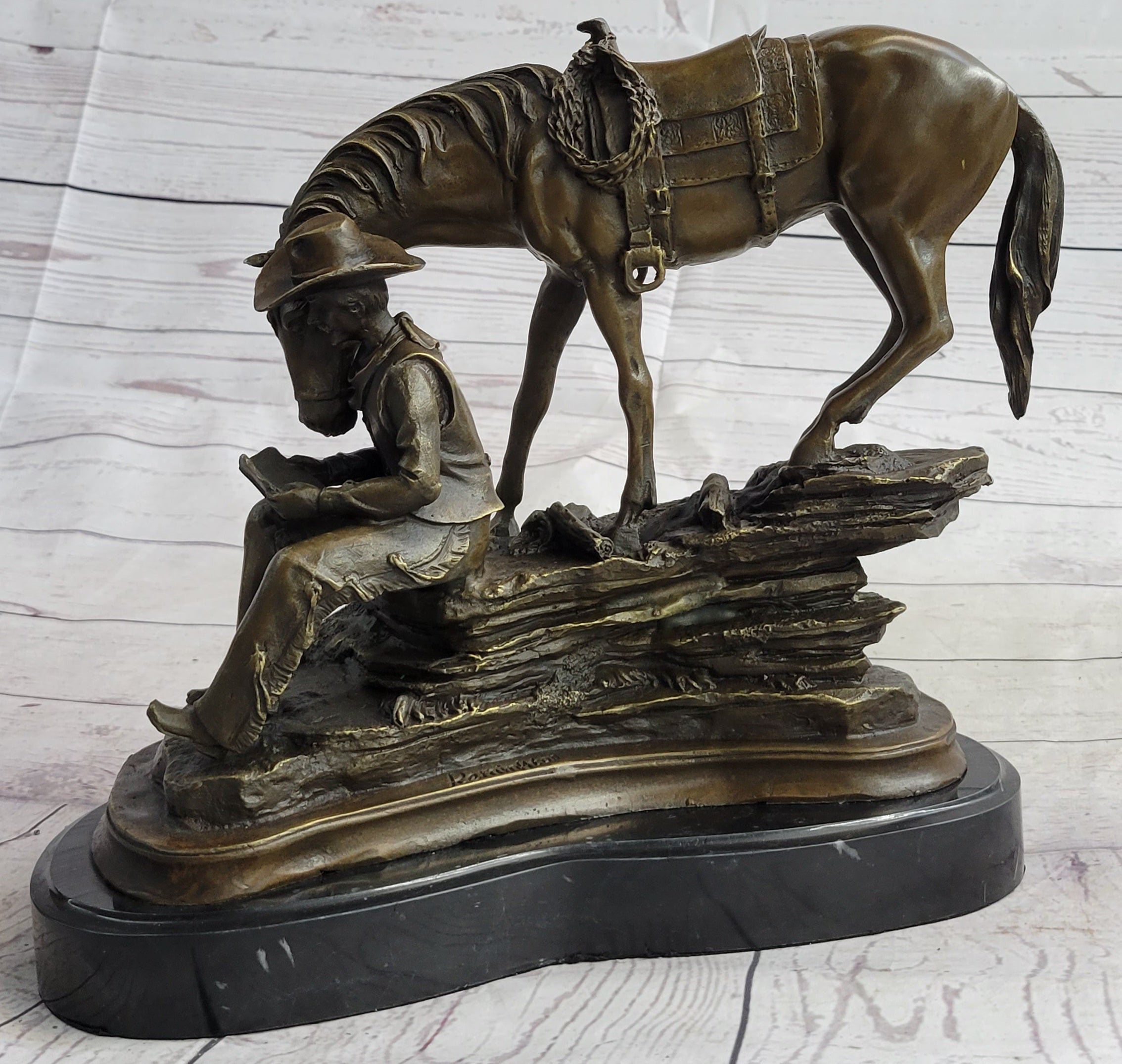 Union Rustic Cowboy Reading A Book With Horse Bronze Metal Western ...