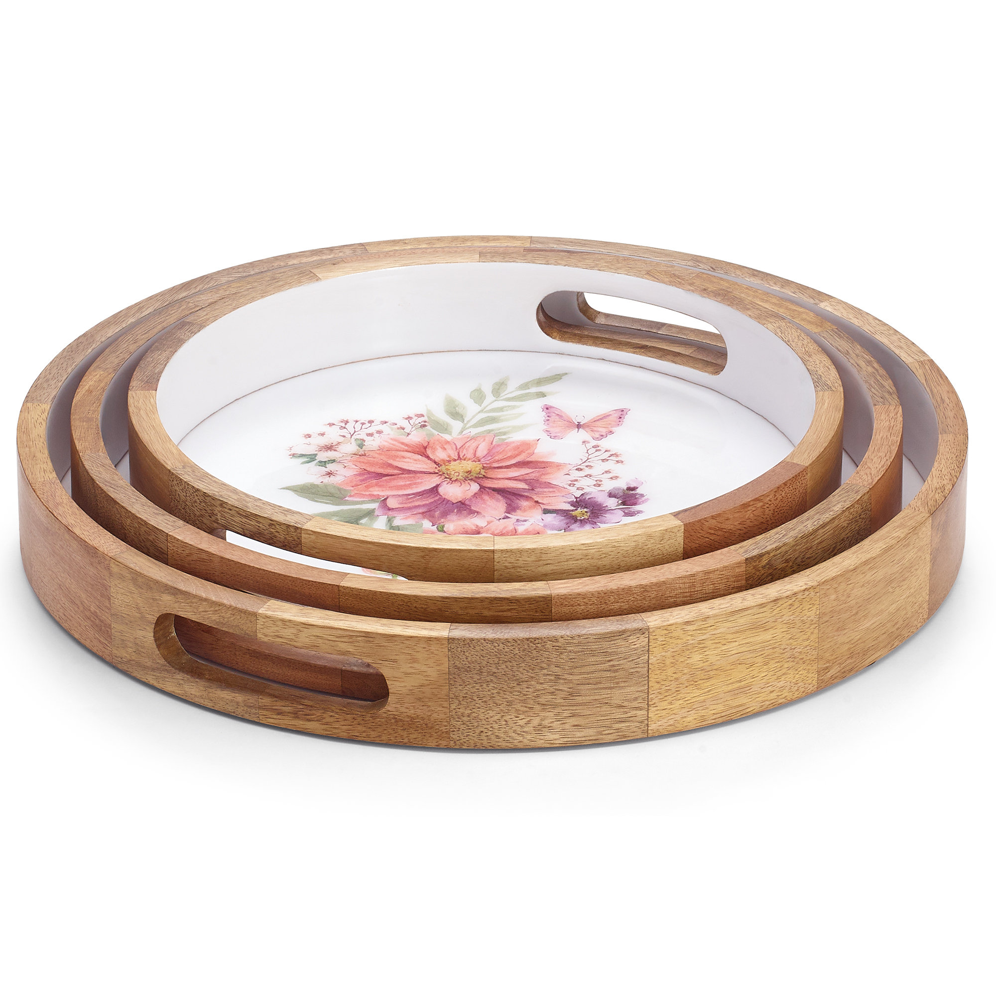 Rosalind Wheeler Nested Wooden Tray Blooms and Flutter Set of 3 | Wayfair