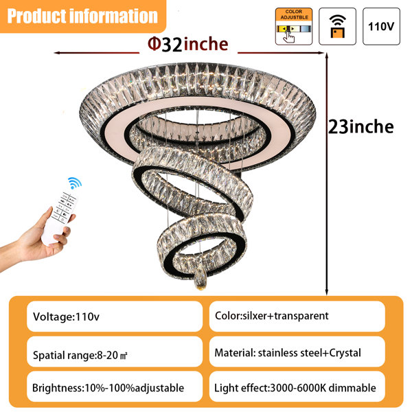 Rosdorf Park Jaimmie 32 Inch Modern Large Ring Crystal Chandelier ...