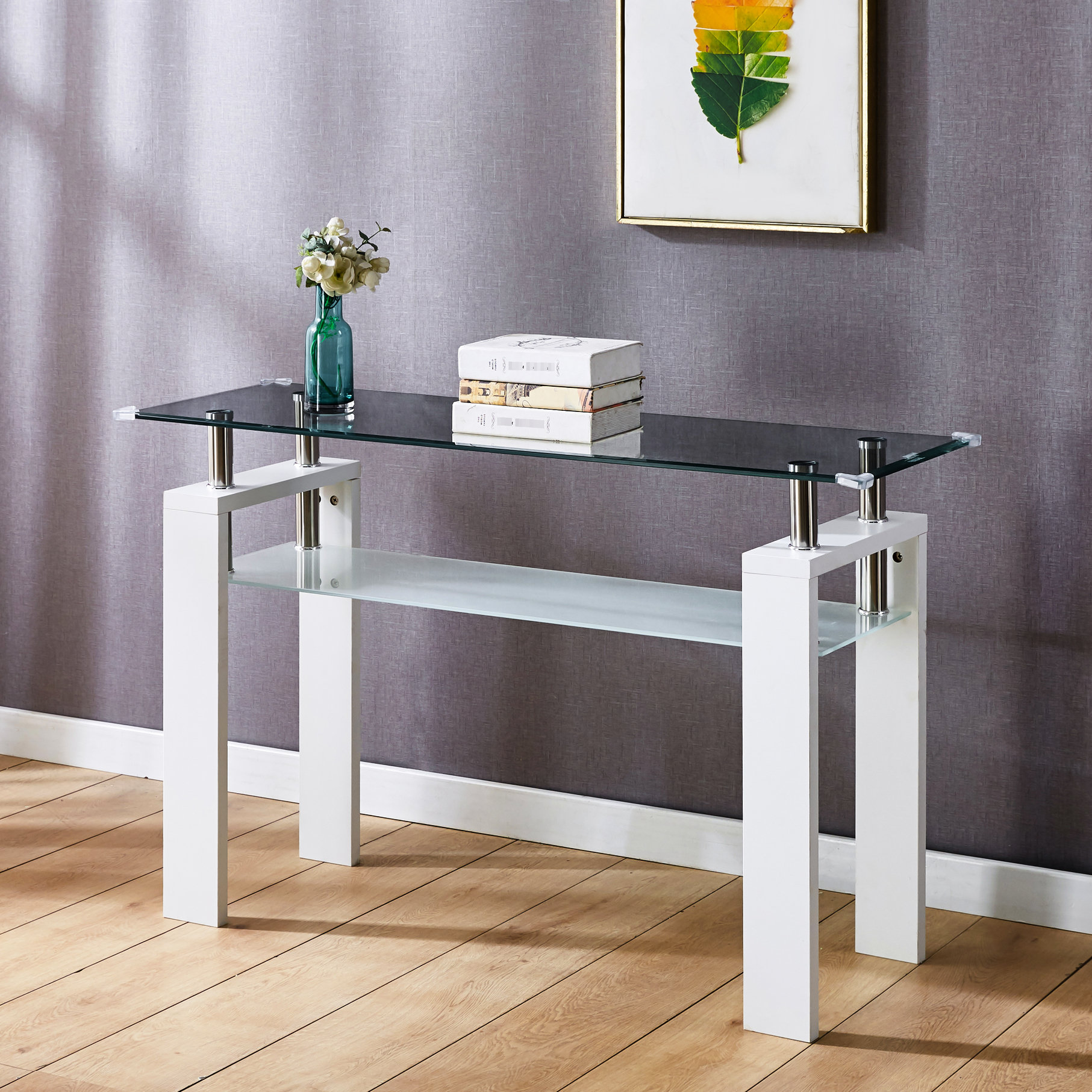 Wrought Studio™ White Console Table With Tempered Glass Tabletop And ...