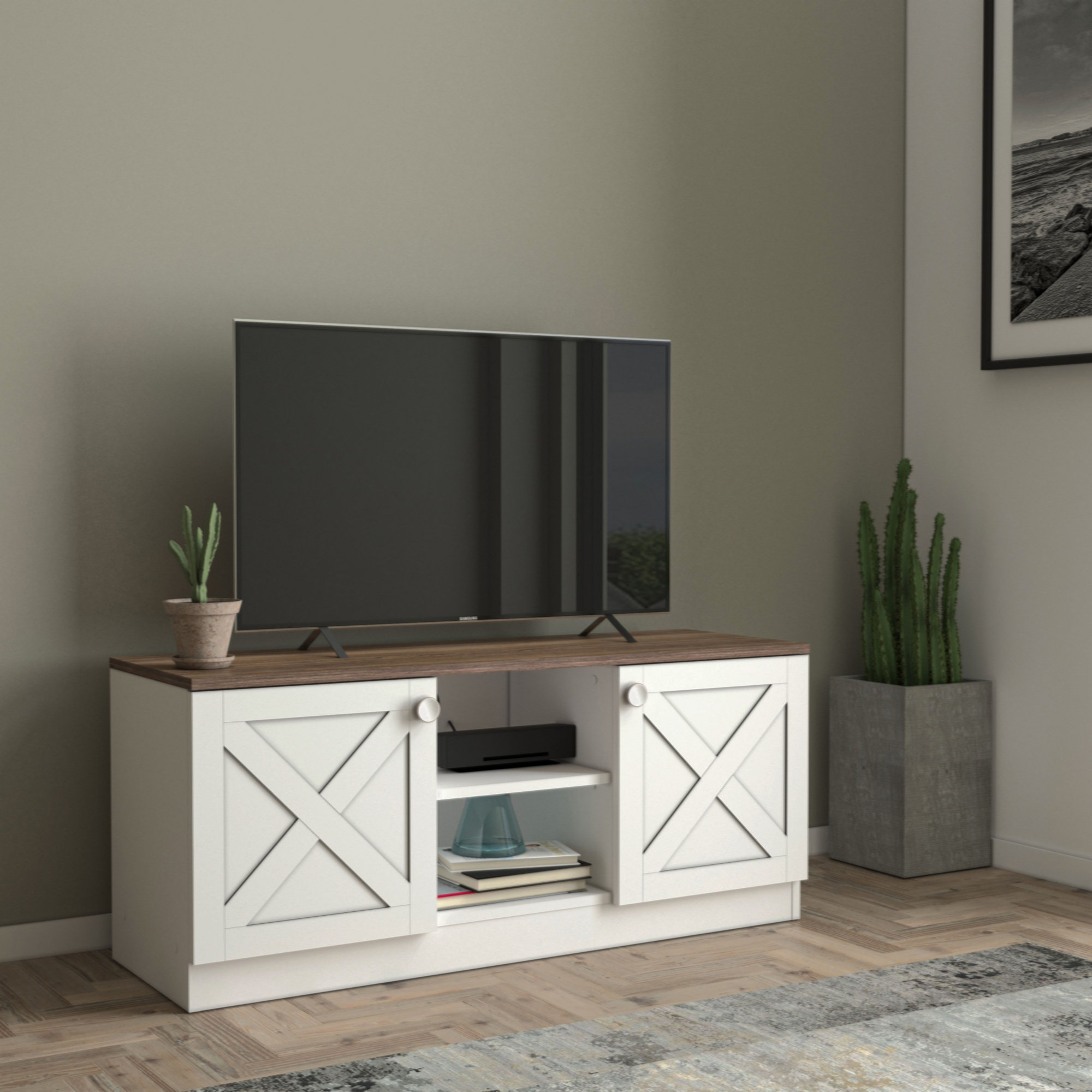 Gracie Oaks Wyteria Vintage White Wood TV Stand with 2 Cabinets ...