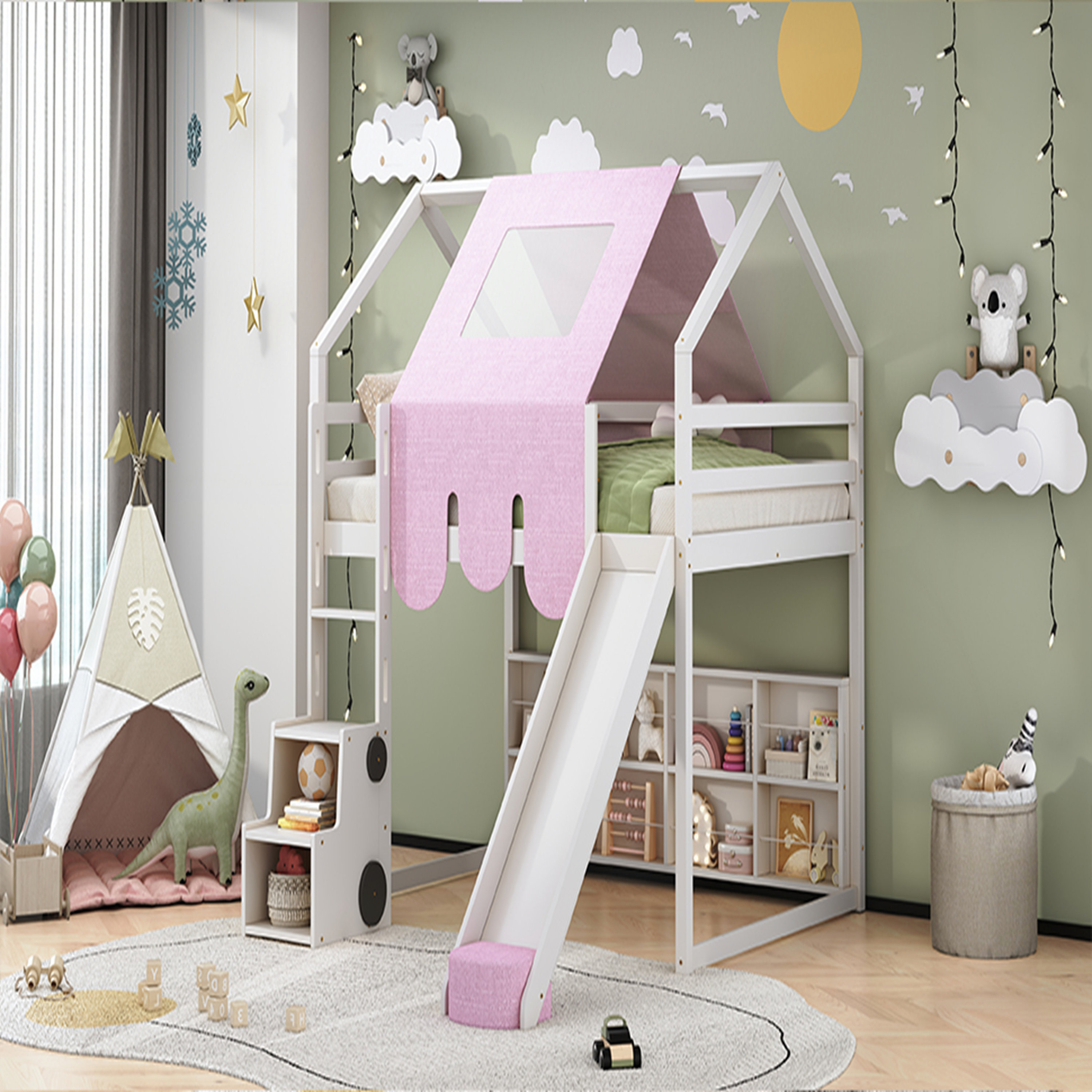 One Allium Way Charming Wooden Loft Bed with Multiple Features for Kids ...