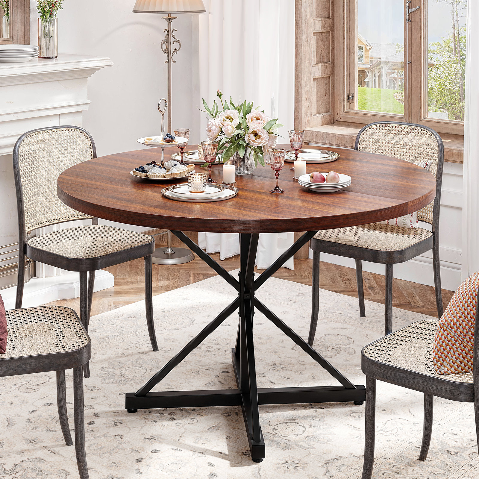 17 Stories 47 Inch Round Dining Table With Metal Base For Kitchen ...