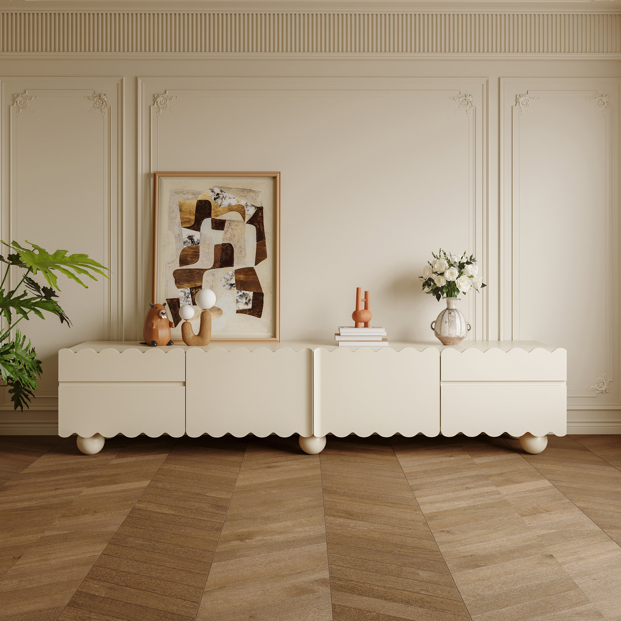 Hokku Designs Zhenja Luxurious Cream-Colored TV Stand with Storage ...