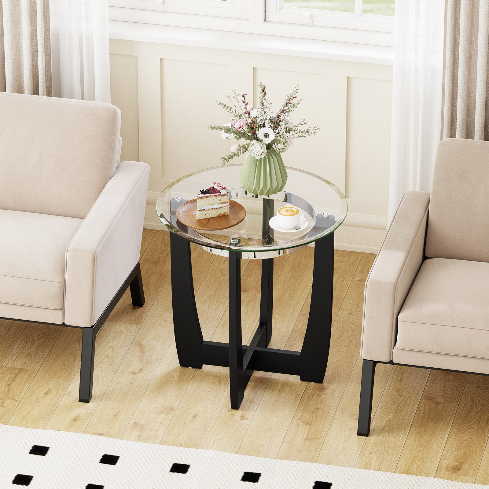 17 Stories Glass End Table 61Cm Round Side Table With Tempered Glass Top-Black | Wayfair.co.uk
