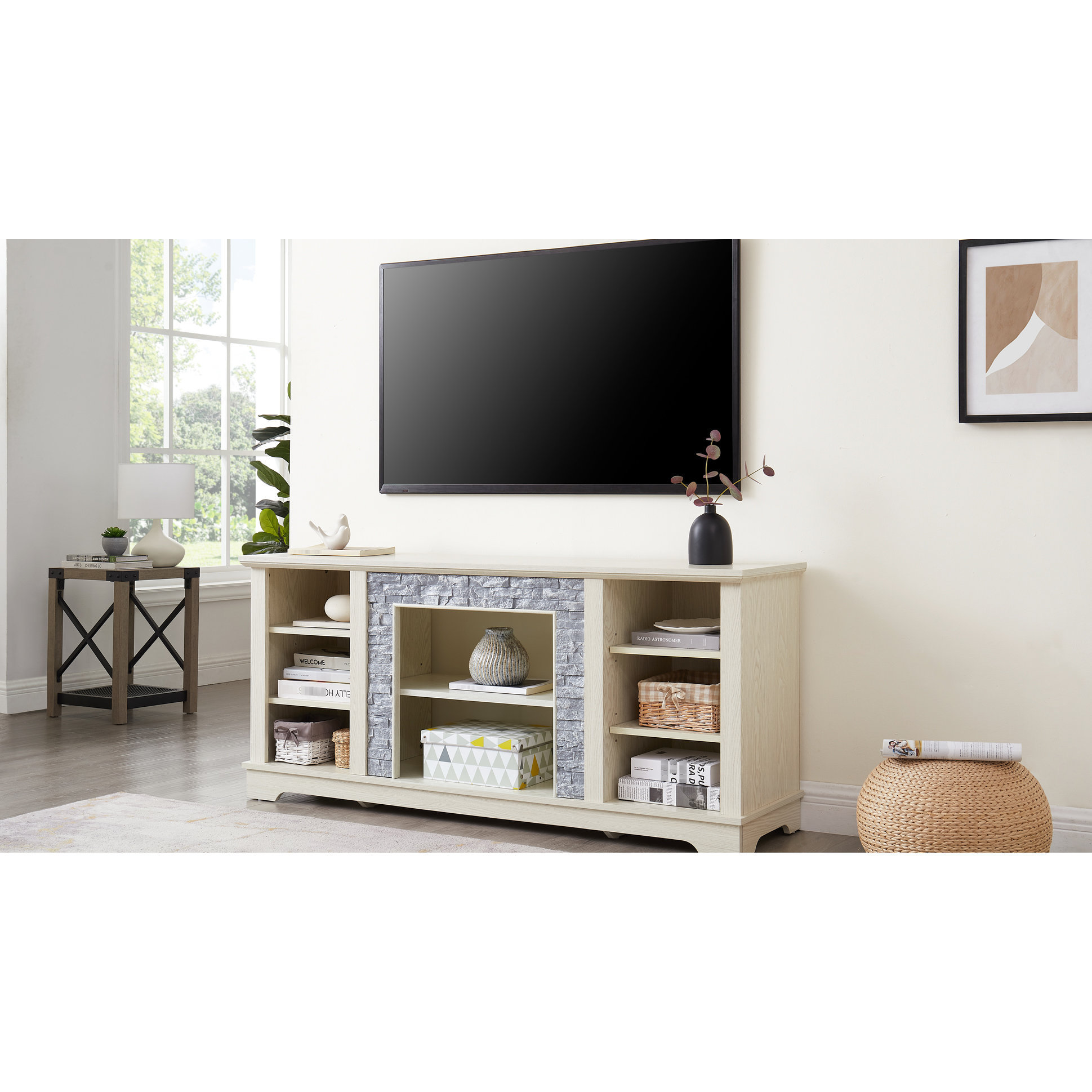 Gracie Oaks Modern White Tv Stand With Faux Stacked Stone And ...
