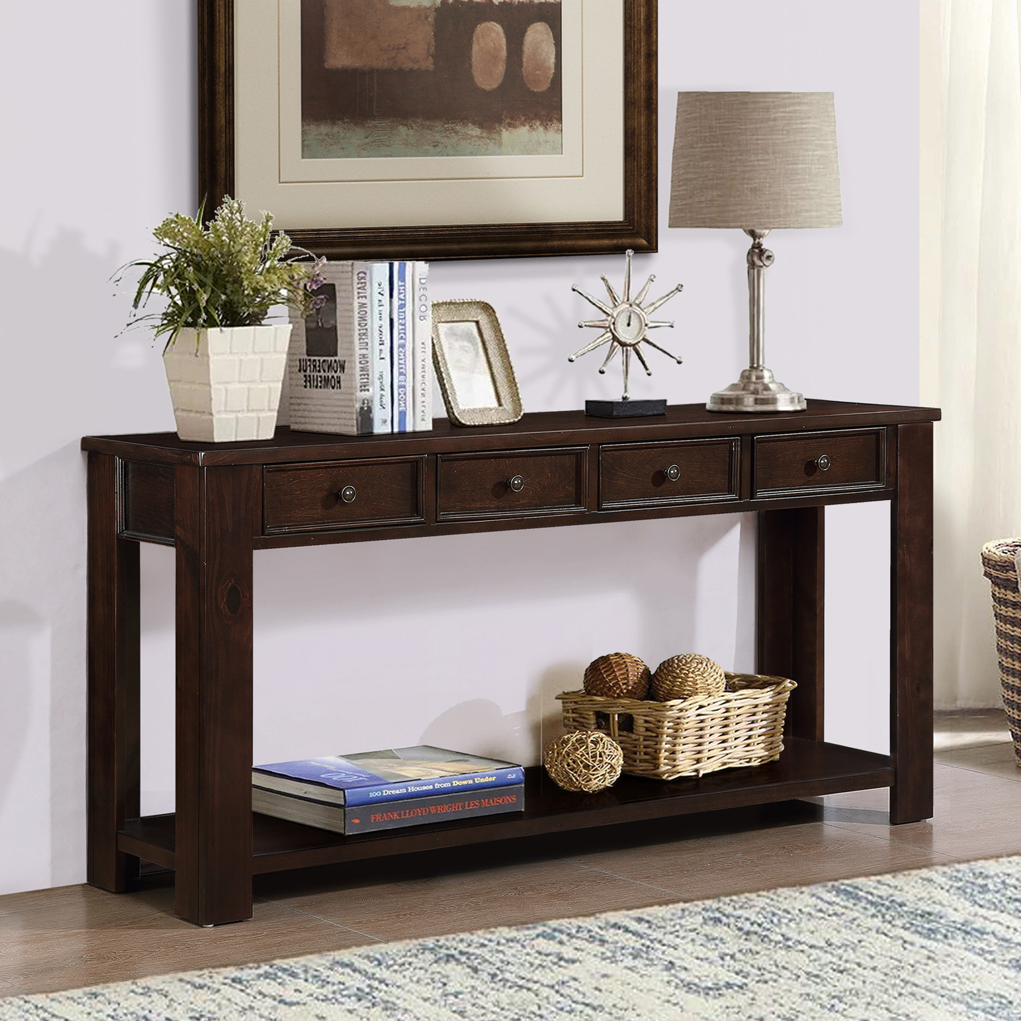 Lark Manor 63" Pine Wood Console Table With 4 Drawers And 1 Bottom ...