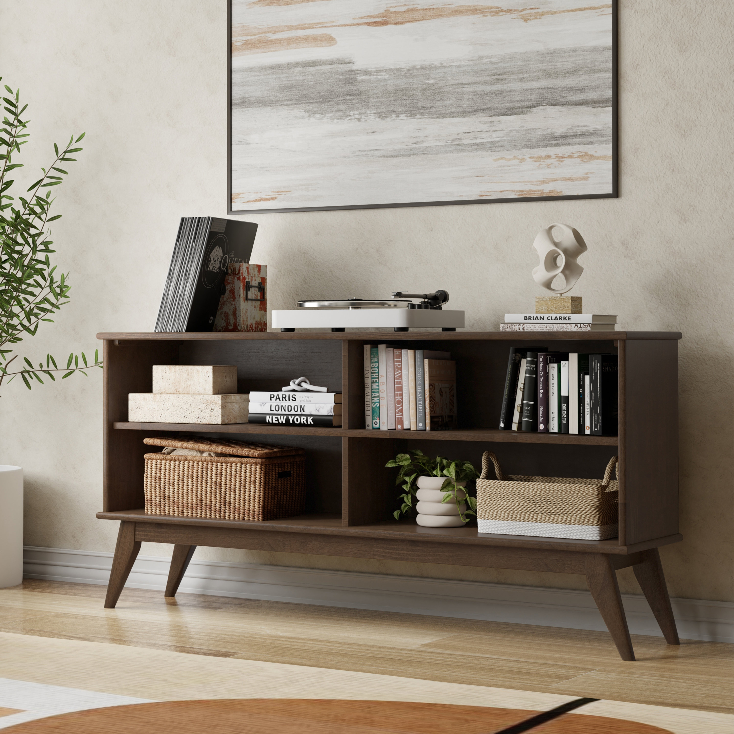 Simpli Home Draper 64"W Solid Hardwood 4 Shelf Mid-Century Modern Low ...