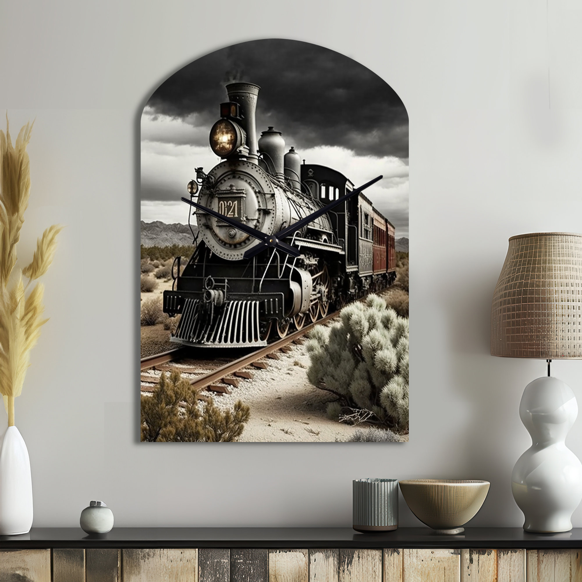 Design Art Train On The Track I - Arch Shape Black Wall Clock - Unique ...