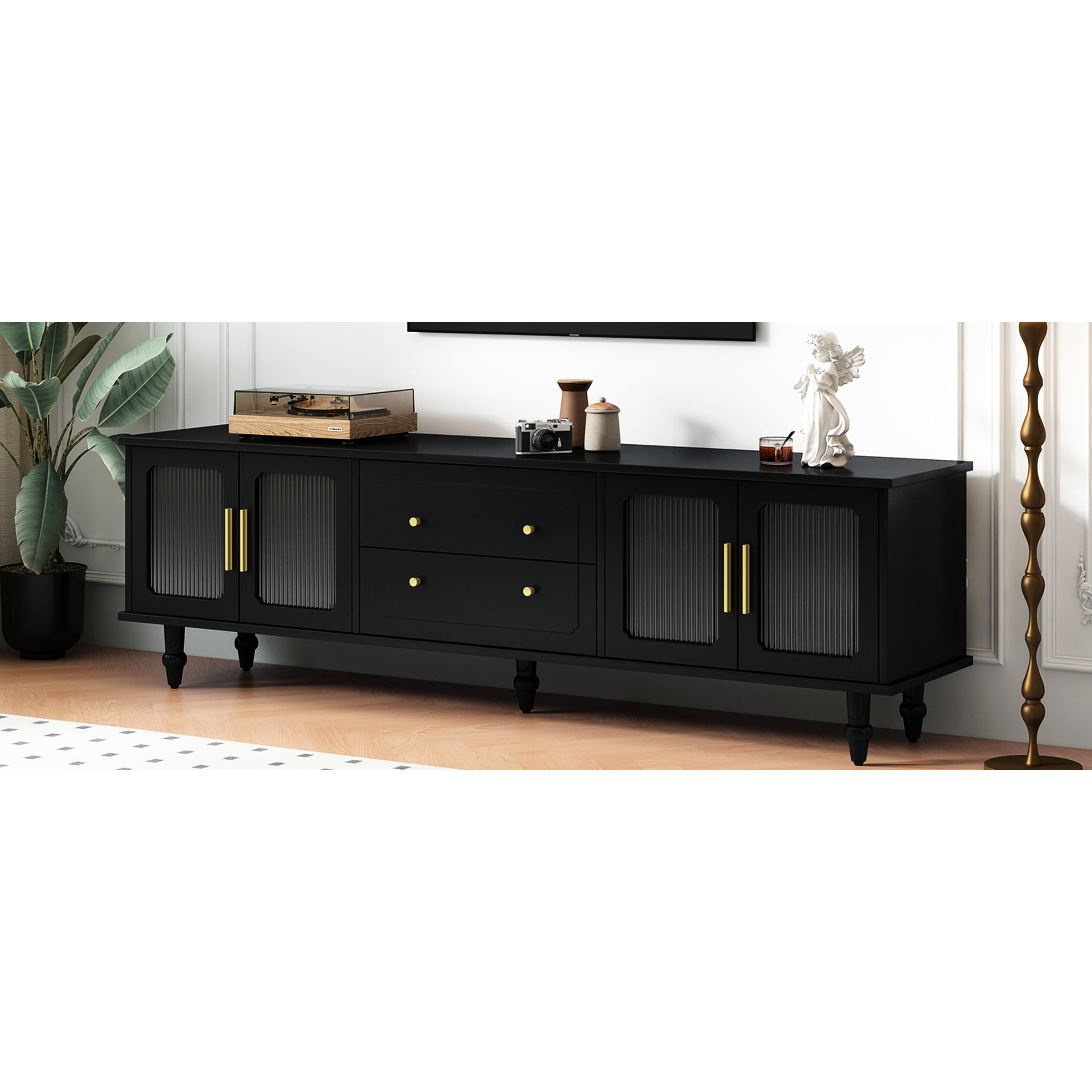 Latitude Run® Intriguing Tv Cabinet For 78'' Tv: 2 Drawers, Cabinets With Fluted Doors, Black ...