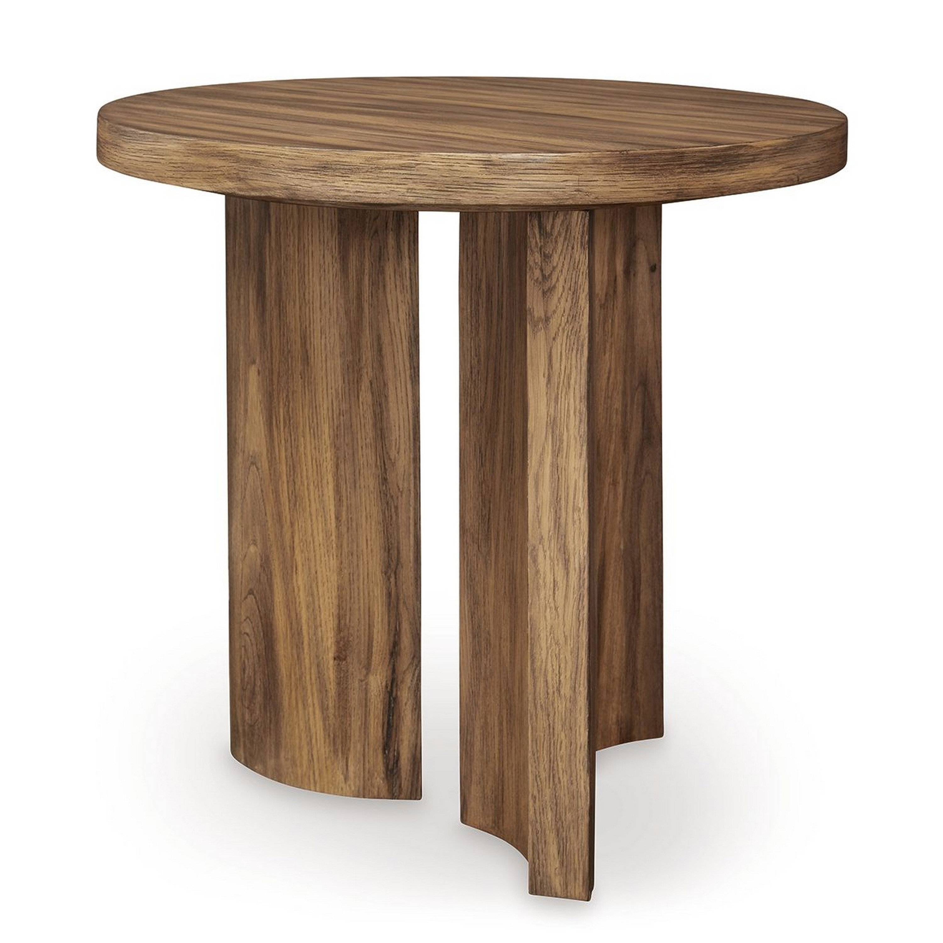 Benjara Anny Side End Table, Round Curved Plinth 24 Inch Warm Brown Oak ...