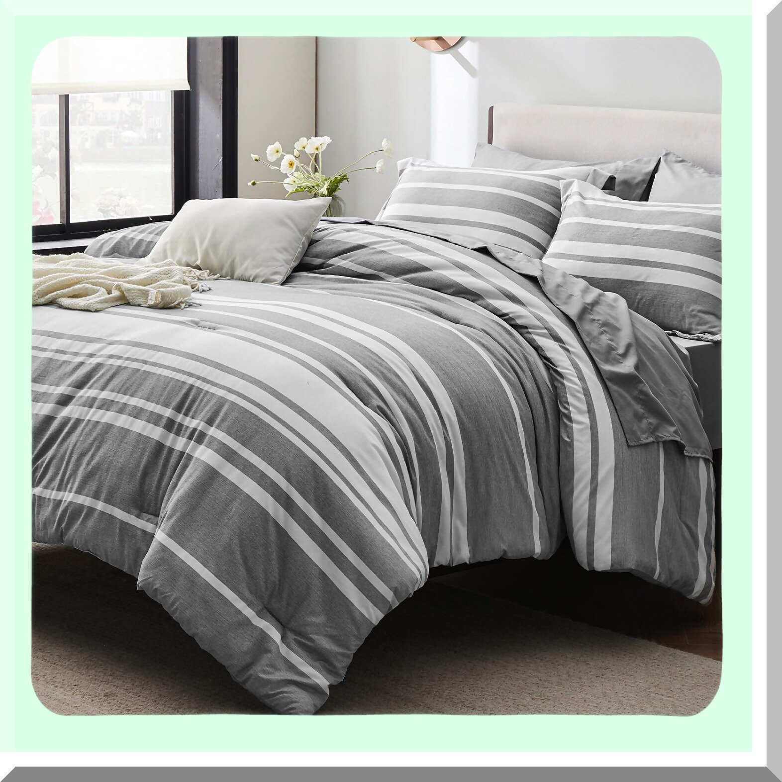 Hokku Designs Gray Stripe Comforter Set - 7 Piece Bedding Bundle with ...