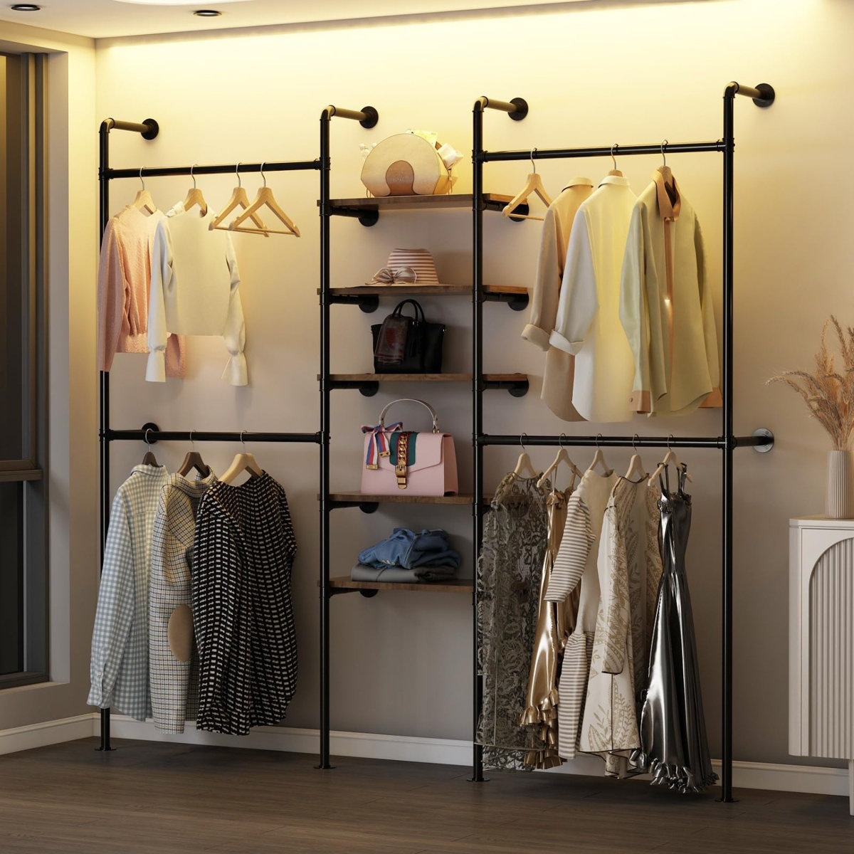 Williston Forge Industrial Pipe Clothing Racks With 5 Shelves, Wall ...