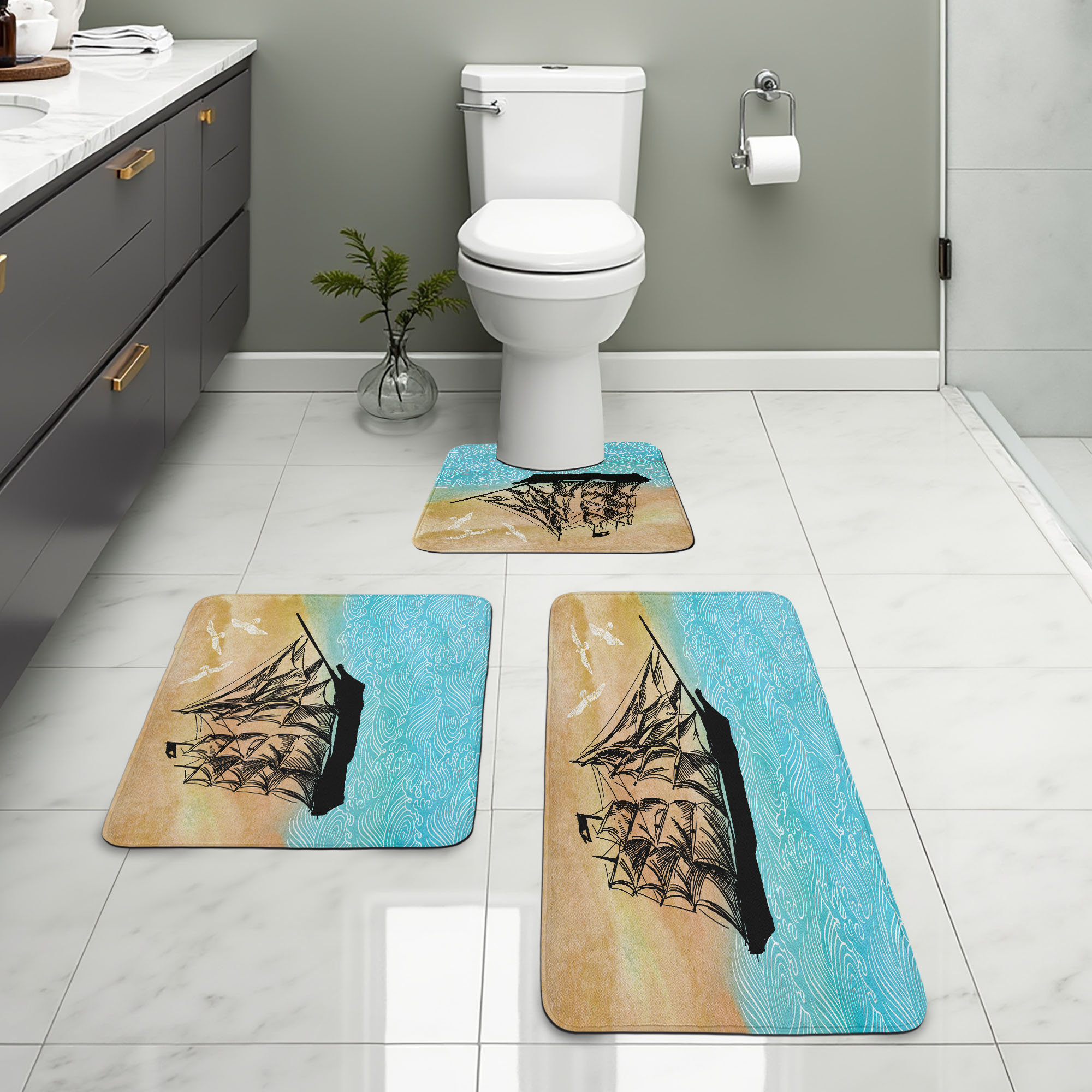 East Urban Home Nautical Bathroom Rug Set 3 Pieces U-Shape & Rectangle ...