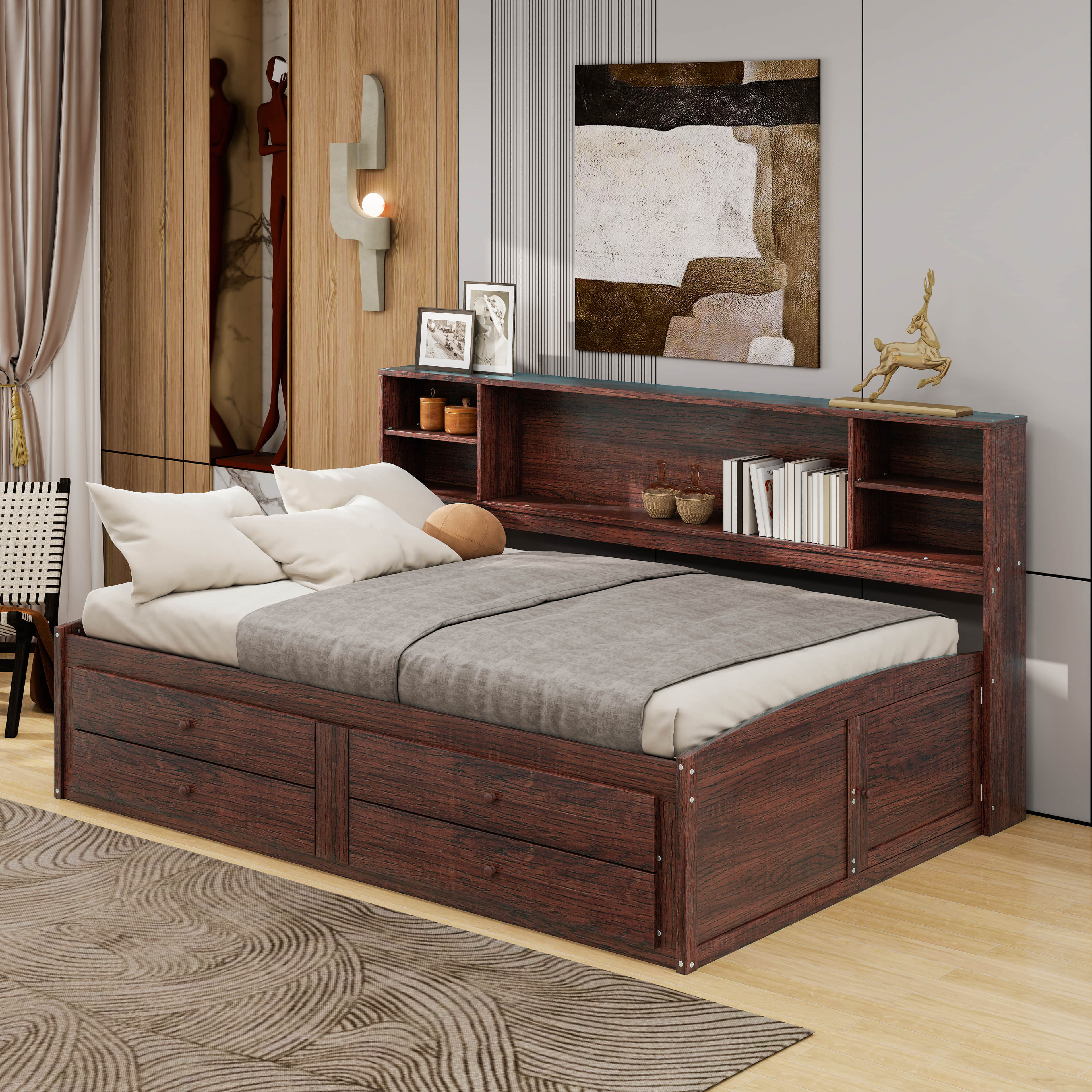 Lark Manor Full Size Wooden Captain Bed With Built-In Storage Shelves ...